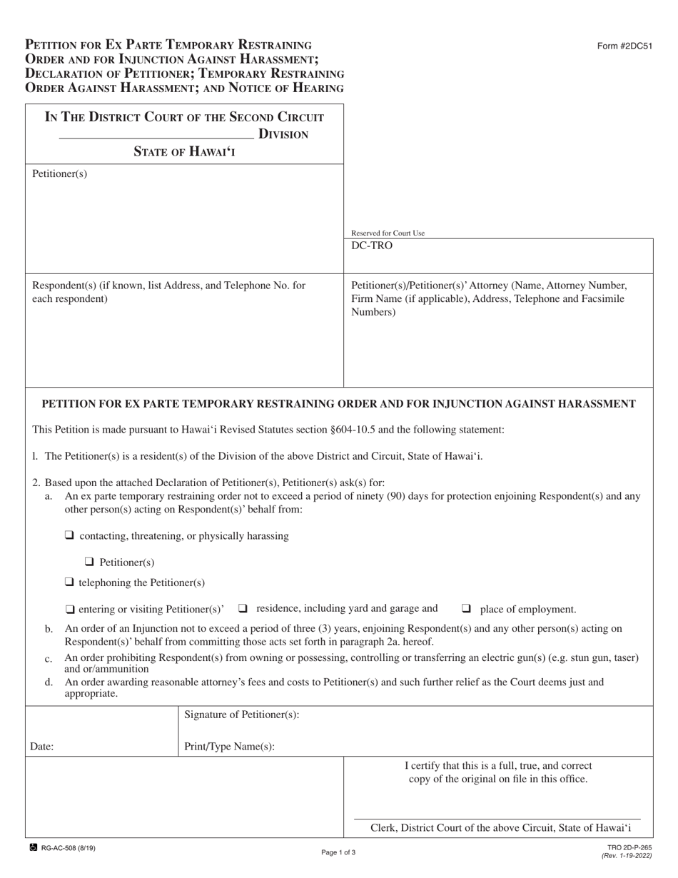 Form 2DC51 Download Fillable PDF or Fill Online Petition for Ex Parte ...