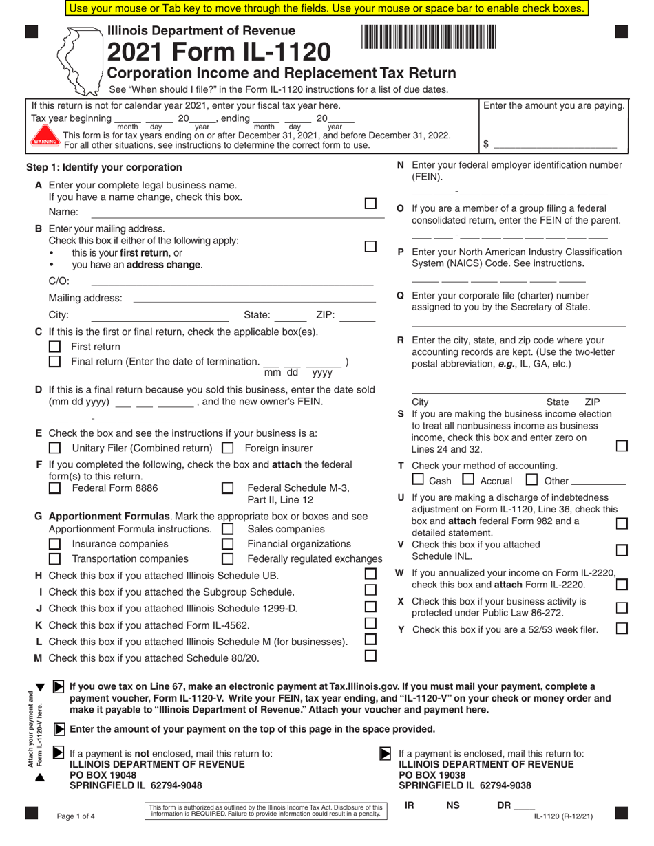 Form IL-1120 - 2021 - Fill Out, Sign Online and Download Fillable PDF ...