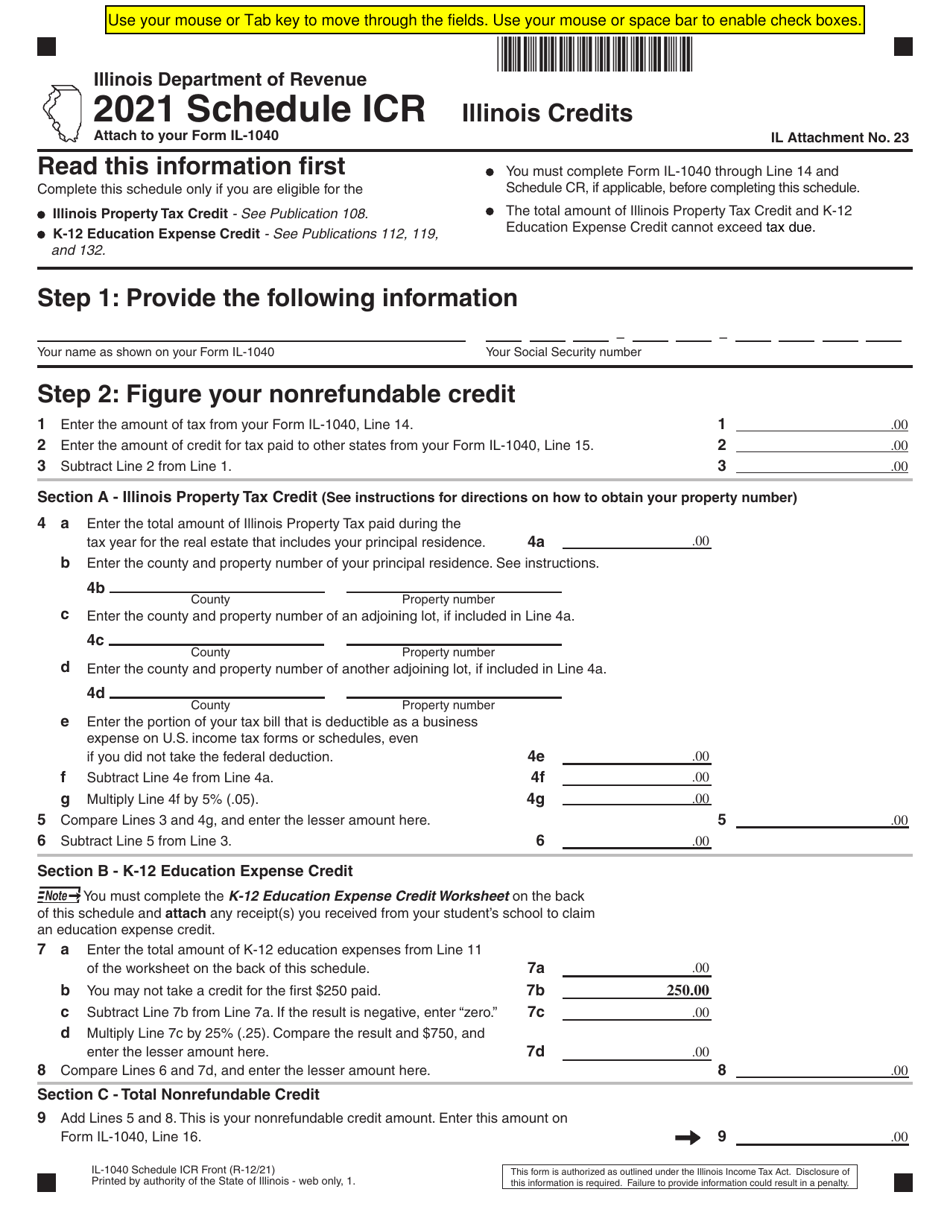 Form IL-1040 Schedule ICR - 2021 - Fill Out, Sign Online and Download ...