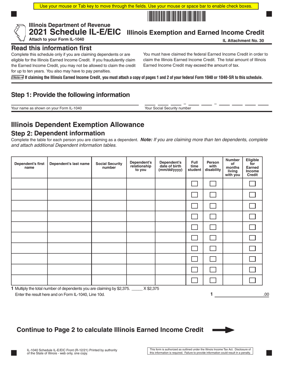 Form IL-1040 Schedule IL-E/EIC - 2021 - Fill Out, Sign Online and ...