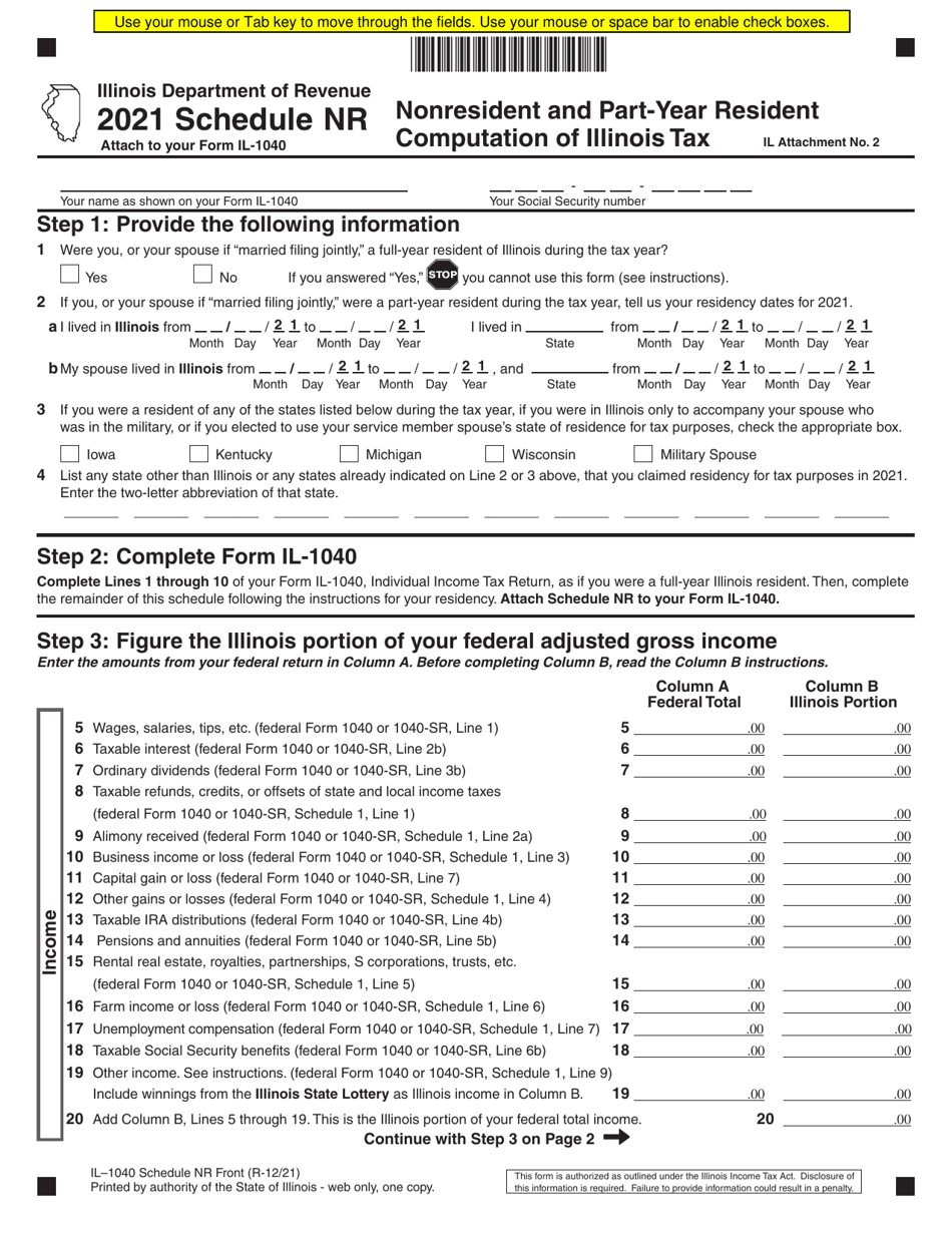 Form IL-1040 Schedule NR - 2021 - Fill Out, Sign Online and Download ...