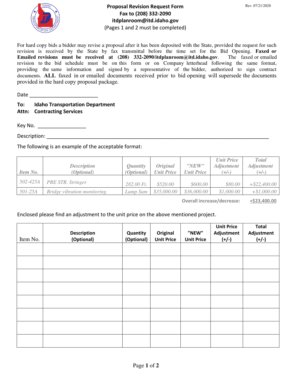 Idaho Proposal Revision Request Form - Fill Out, Sign Online and Download PDF | Templateroller