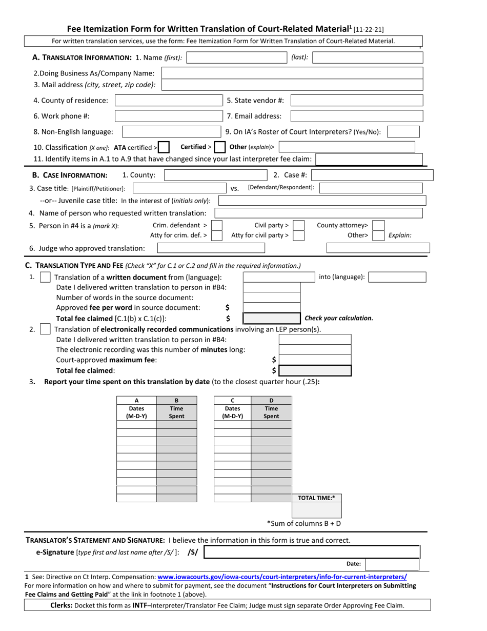 Iowa Fee Itemization Form for Written Translation of Court-Related Material Download Fillable ...