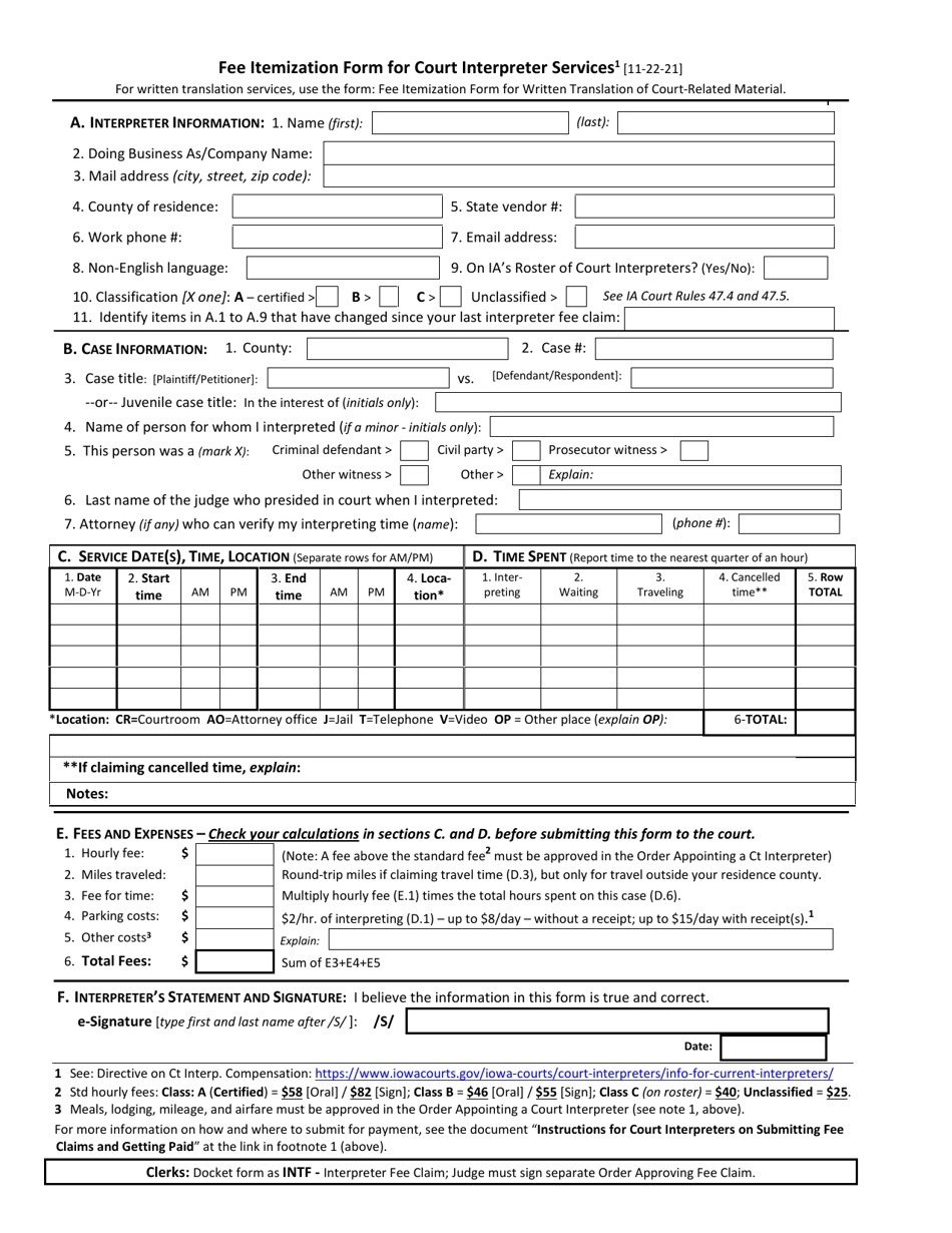 Iowa Fee Itemization Form for Court Interpreter Services Download ...