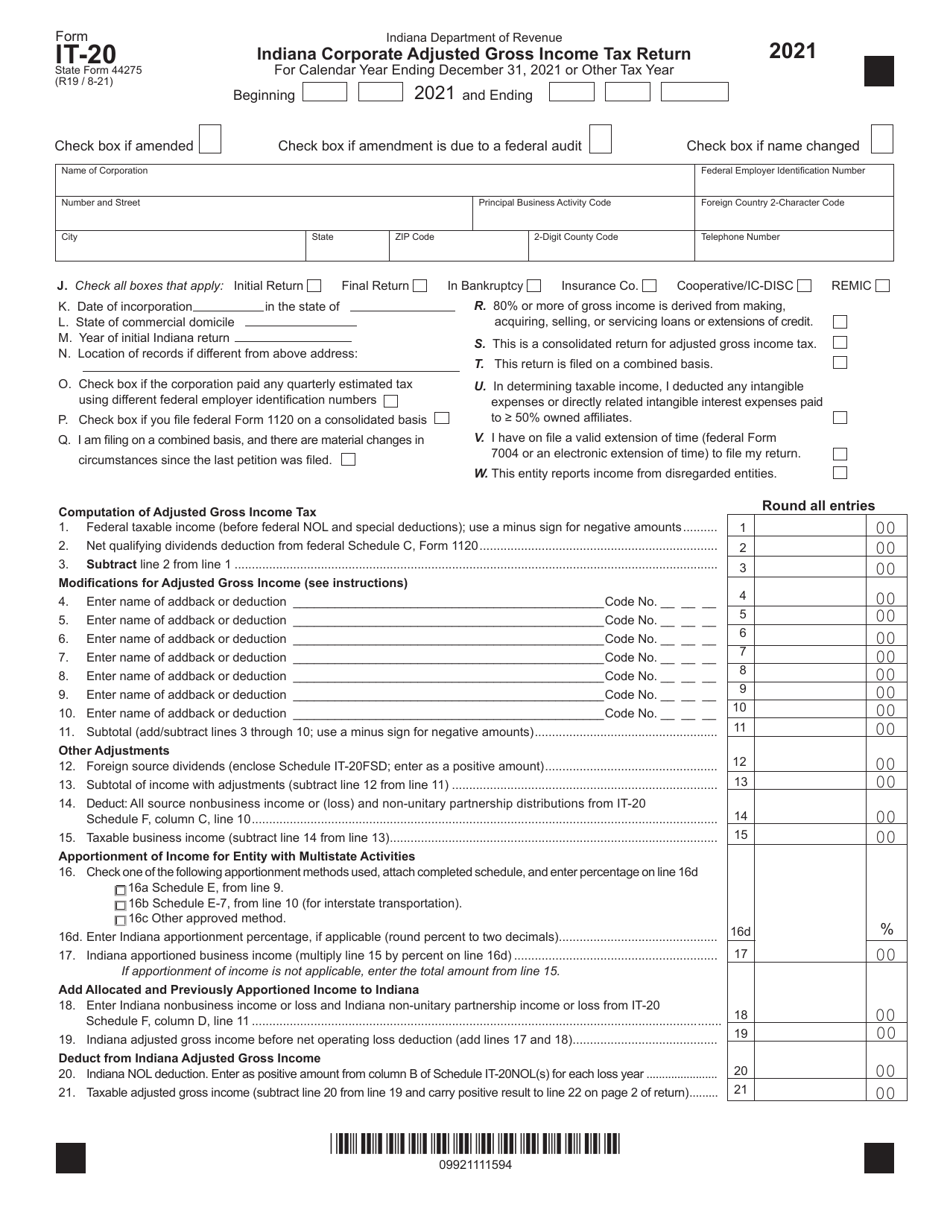 Form IT-20 (State Form 44275) Download Fillable PDF or Fill Online ...
