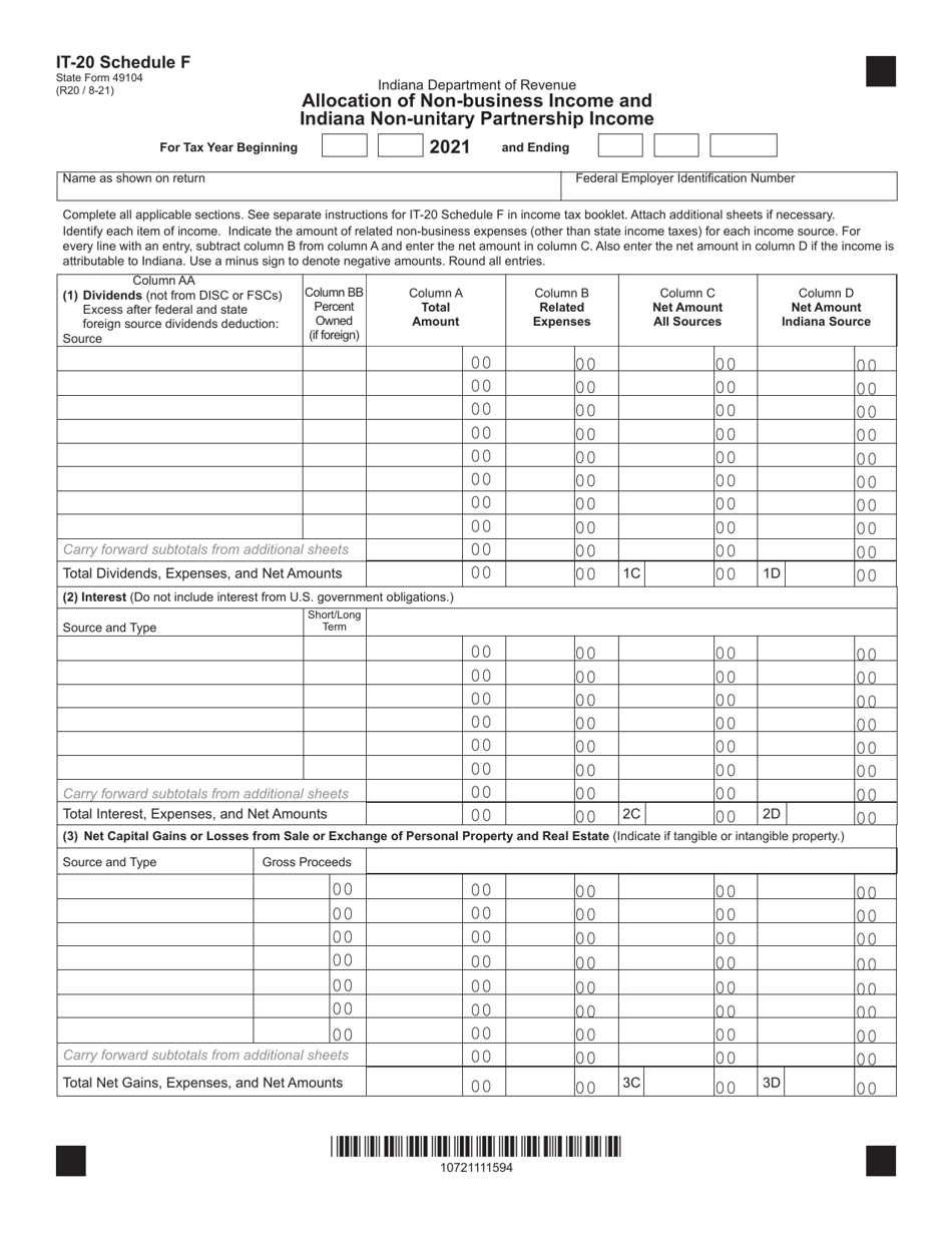 Form IT-20 (State Form 49104) Schedule F - 2021 - Fill Out, Sign Online ...