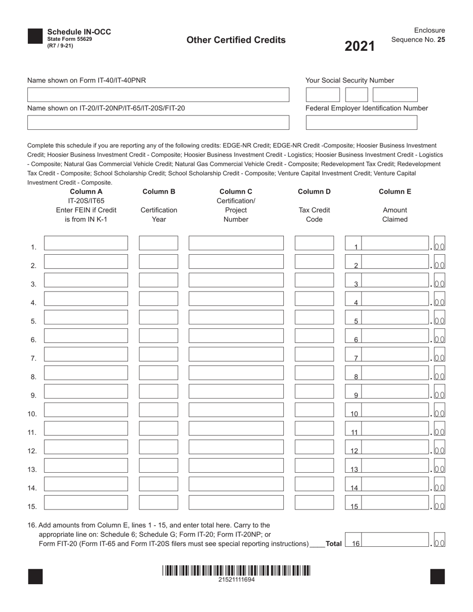 State Form 55629 Schedule IN-OCC - 2021 - Fill Out, Sign Online and ...