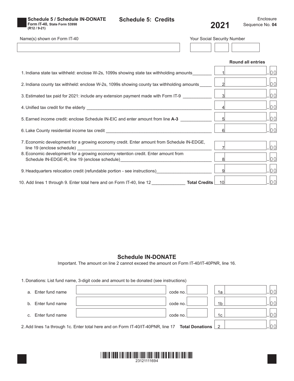 Form IT-40 (State Form 53998) Schedule 5, IN-DONATE - 2021 - Fill Out ...