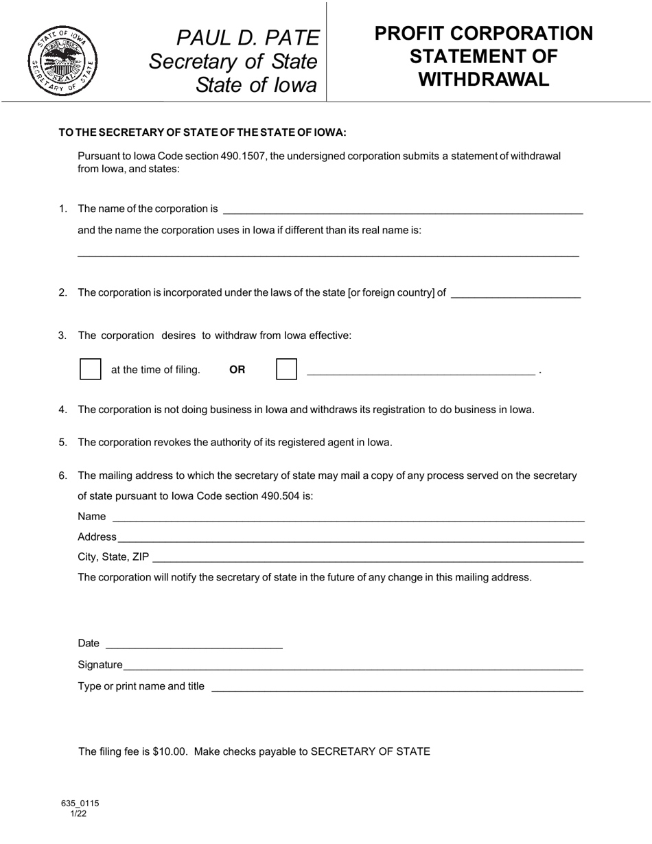 Form 635_0115 Download Printable PDF or Fill Online Profit Corporation ...