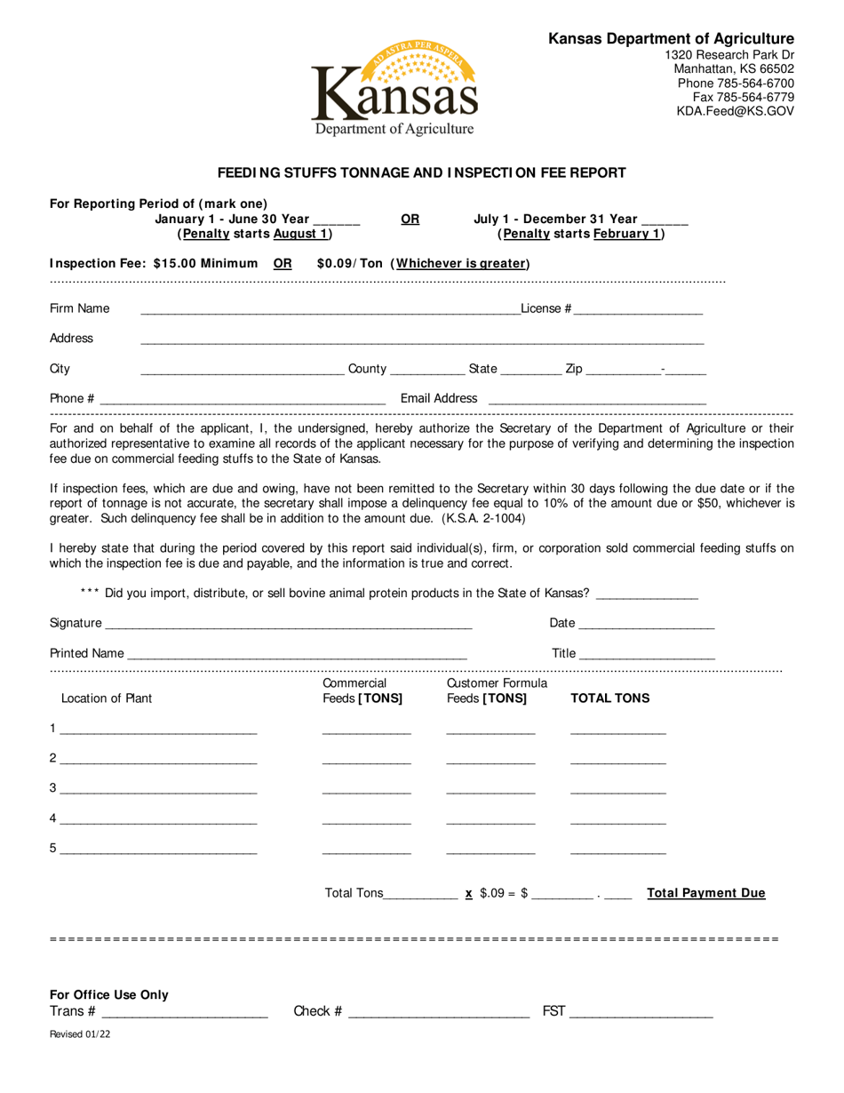 Kansas Feeding Stuffs Tonnage and Inspection Fee Report - Fill Out ...