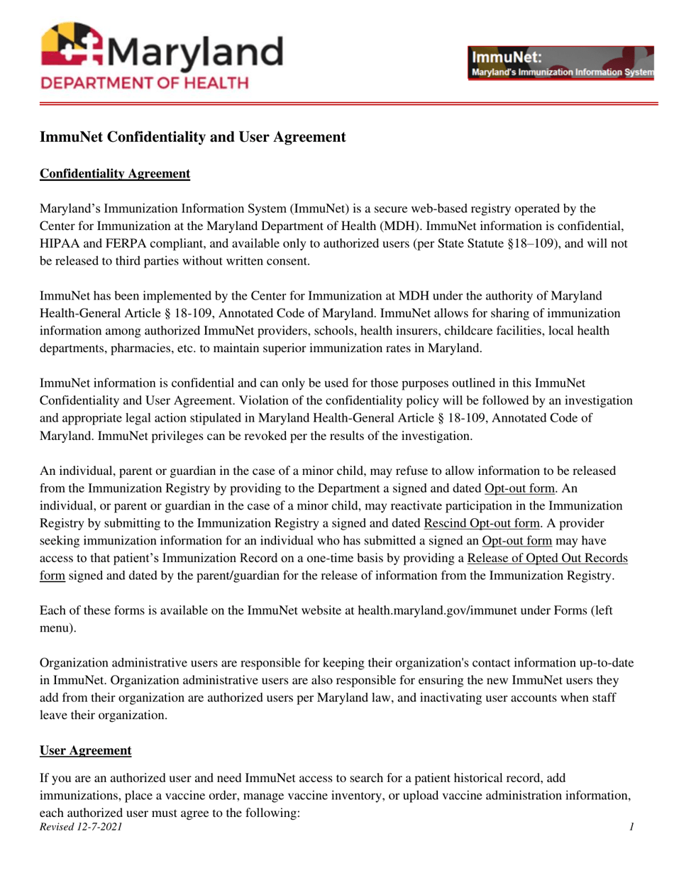 Maryland Immunet Confidentiality and User Agreement - Fill Out, Sign ...