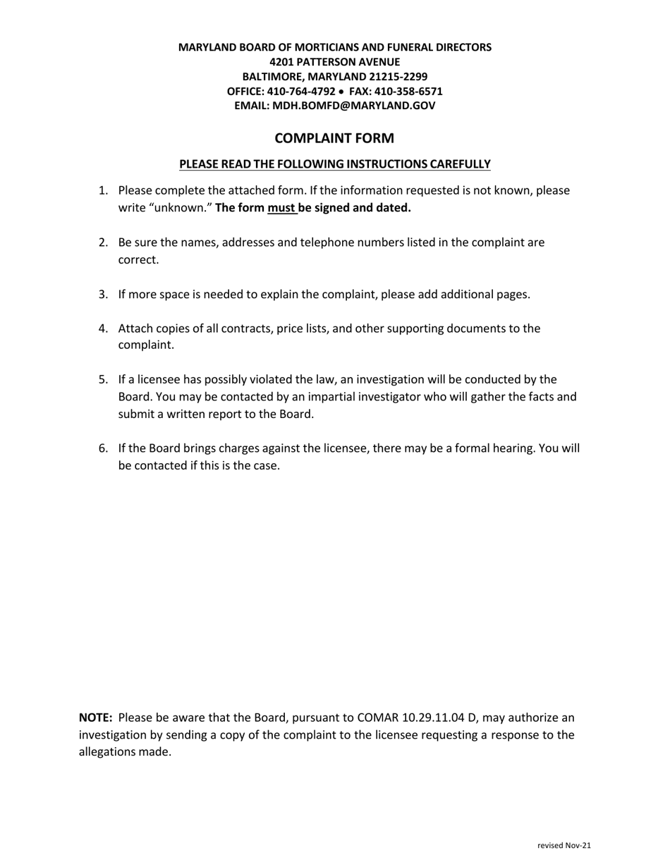 Maryland Complaint Form - Maryland Board of Morticians and Funeral ...