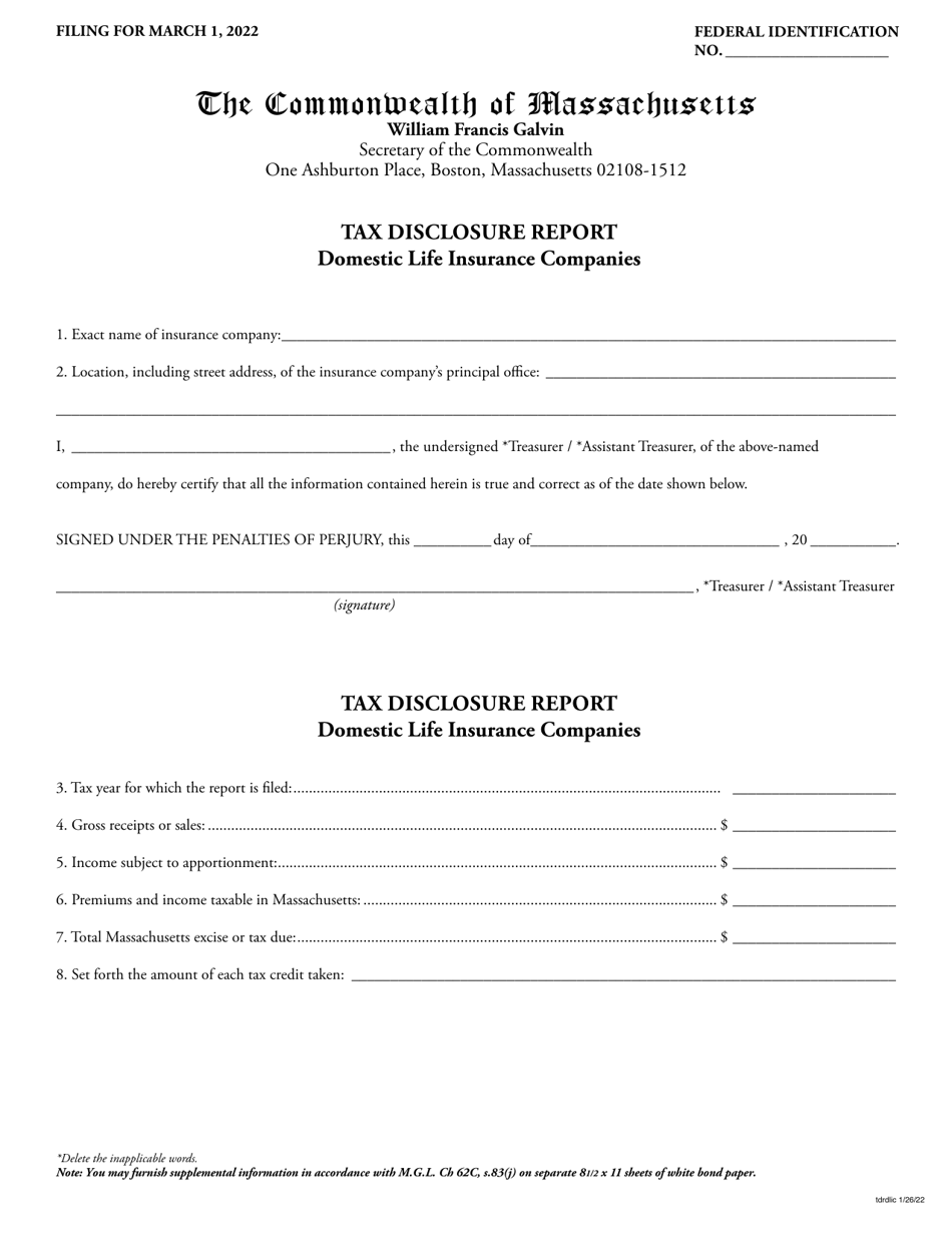 Massachusetts Tax Disclosure Report - Domestic Life Insurance Companies ...