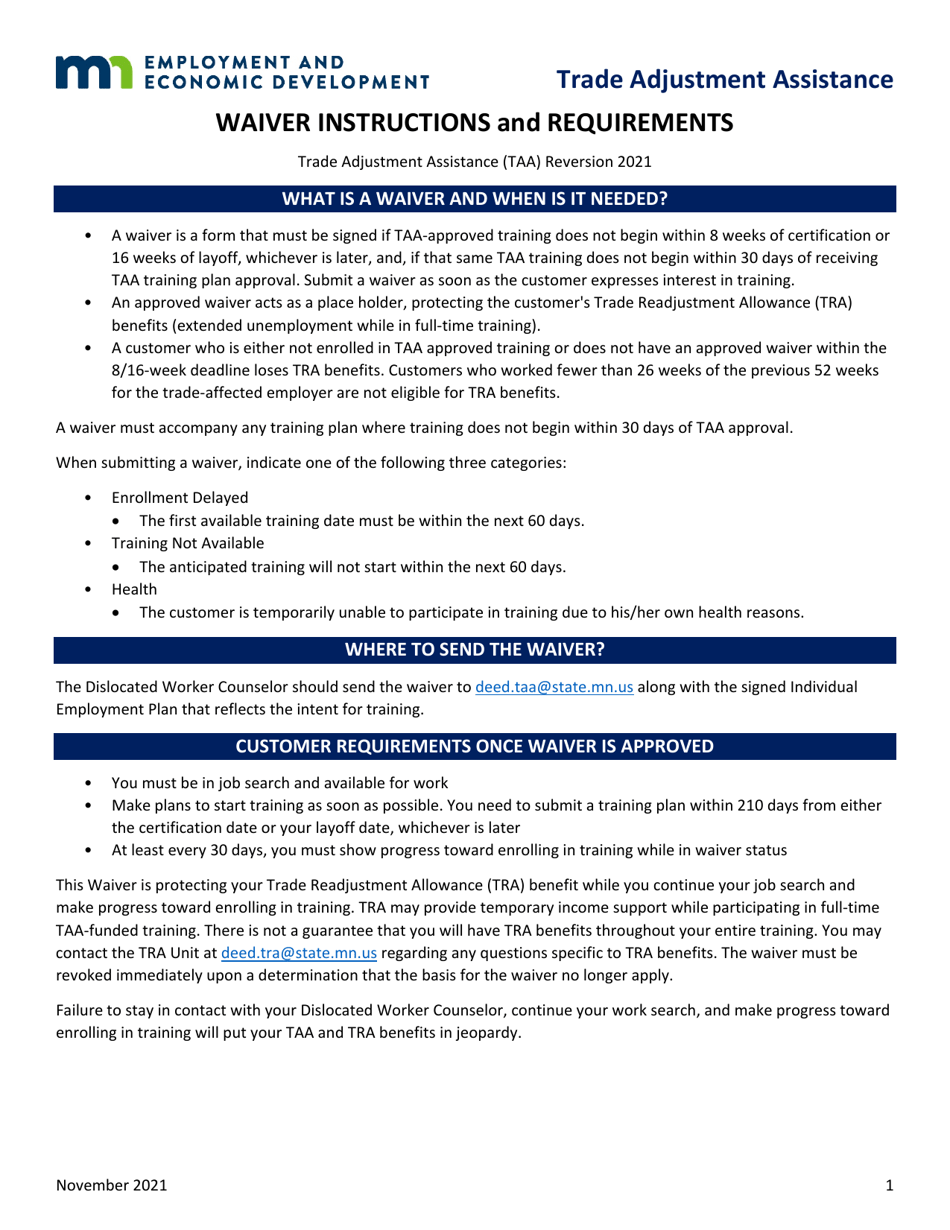 Minnesota Taa Waiver of Training Form Download Fillable PDF 2019 — 2025 ...