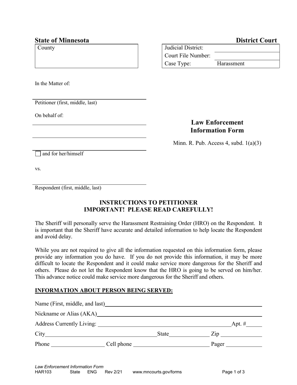 Form HAR103 Download Printable PDF or Fill Online Law Enforcement ...