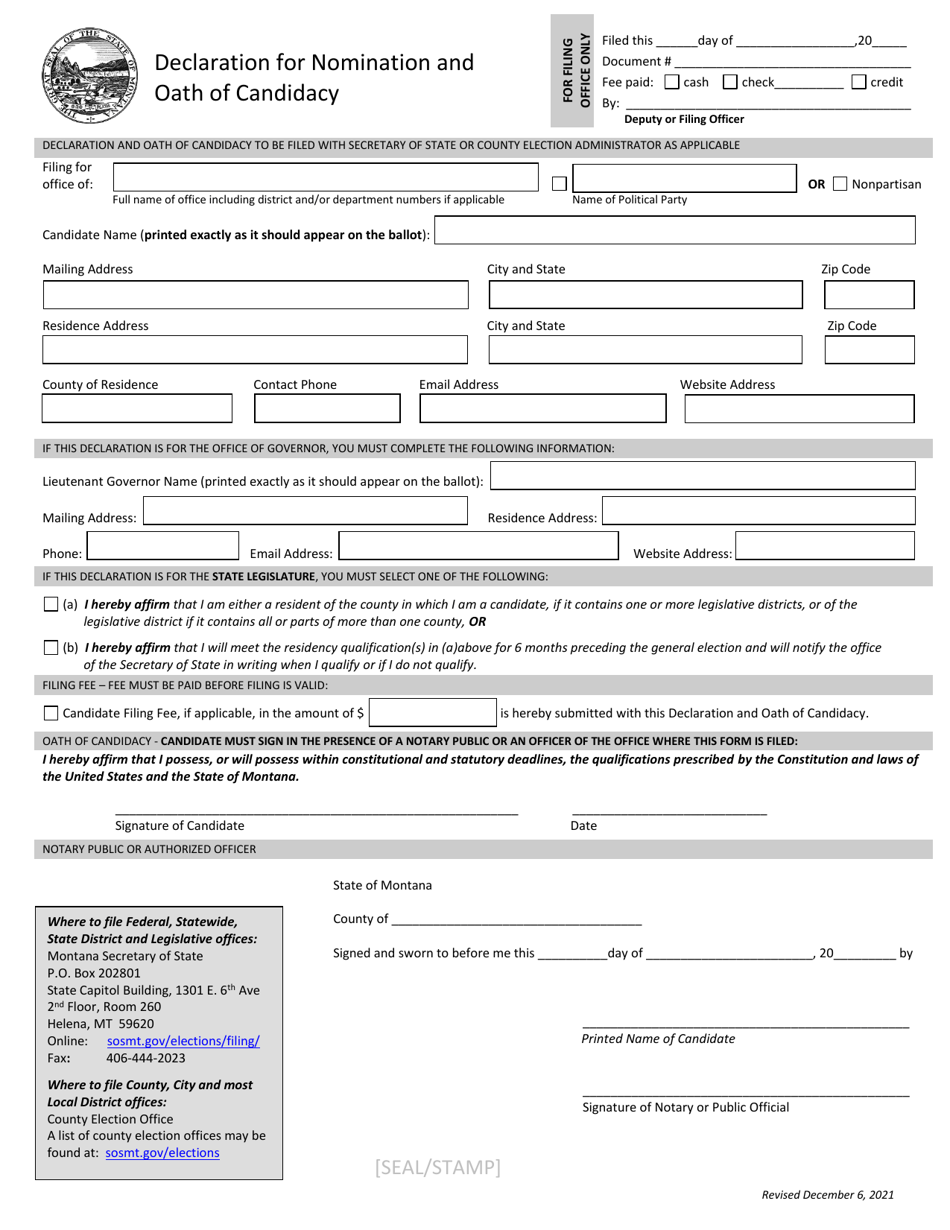 Montana Declaration for Nomination and Oath of Candidacy - Fill Out ...