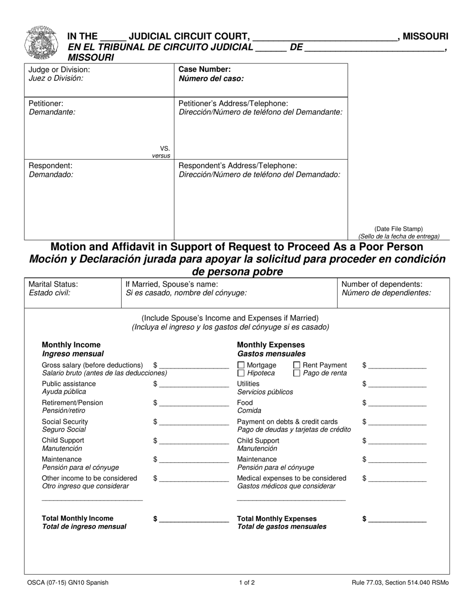 Form GN10 - Fill Out, Sign Online and Download Printable PDF, Missouri ...