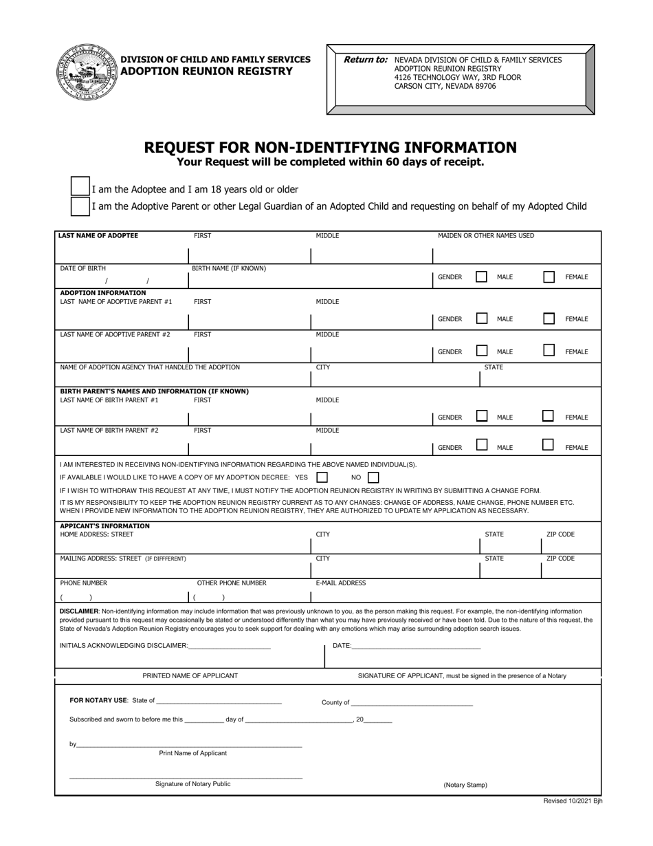 Nevada Request for Non-identifying Information Download Fillable PDF ...