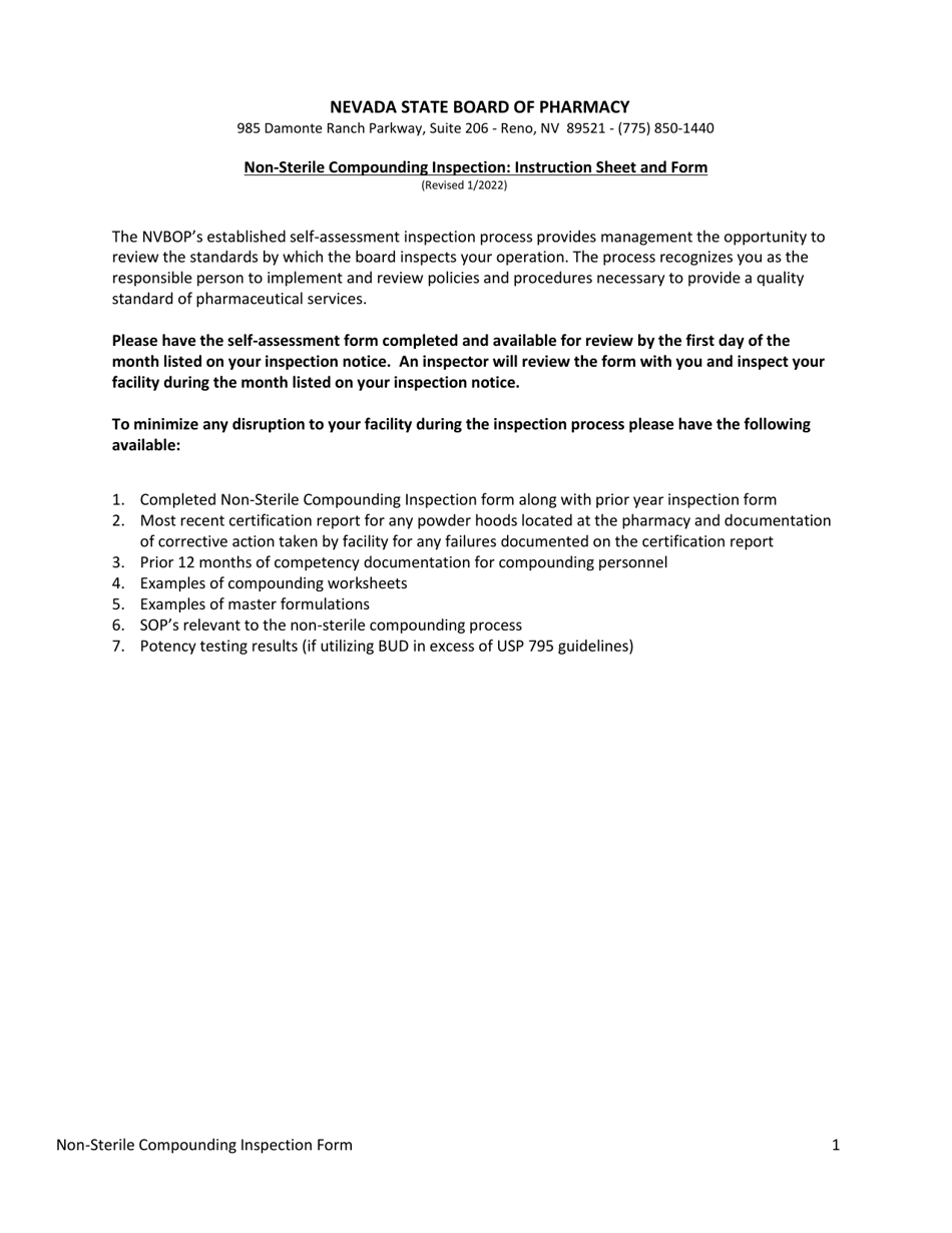Nevada Non-sterile Compounding Inspection Form Download Fillable PDF 2020 — 2025 | Templateroller