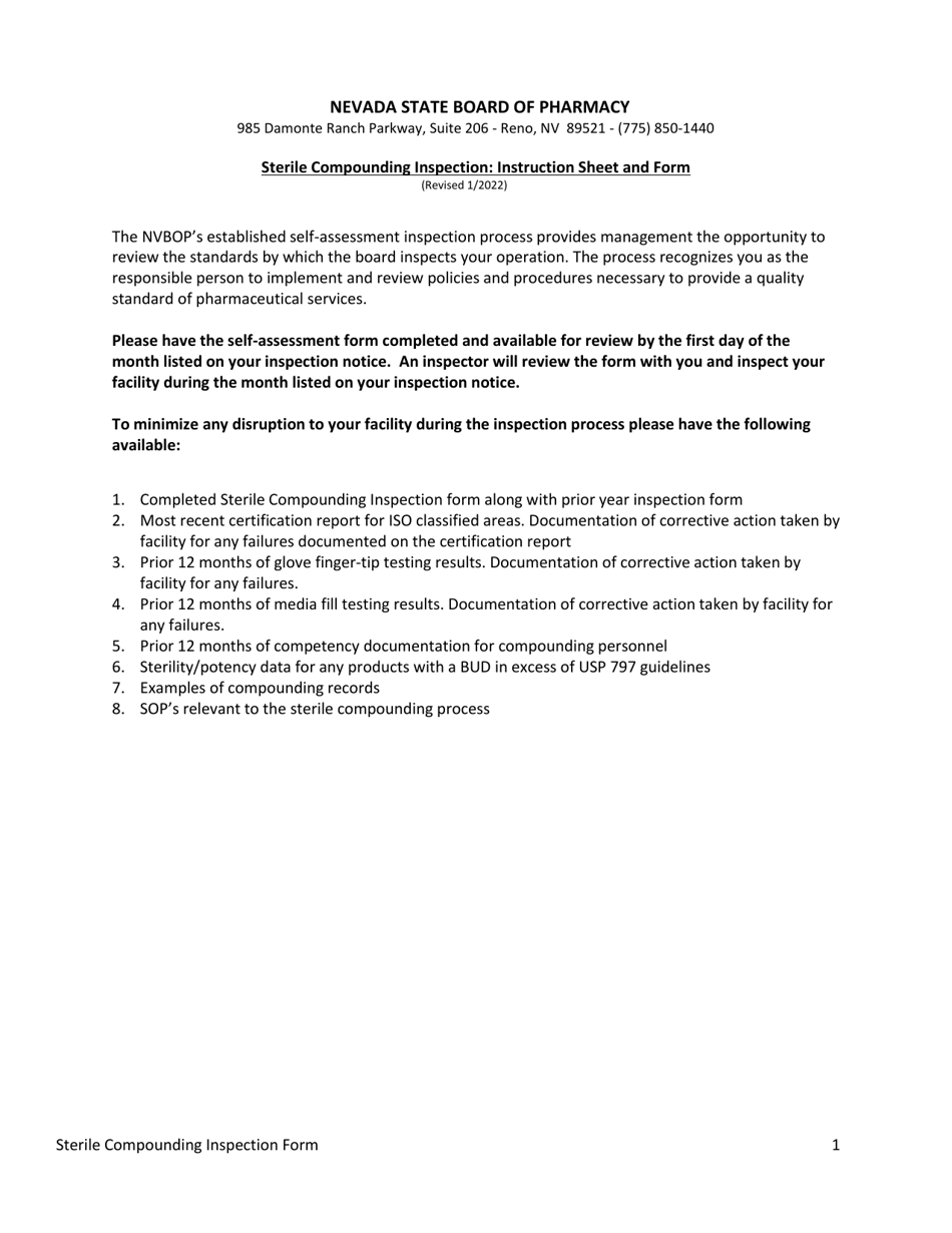 Nevada Sterile Compounding Inspection Form Download Fillable PDF 2020 — 2024 | Templateroller