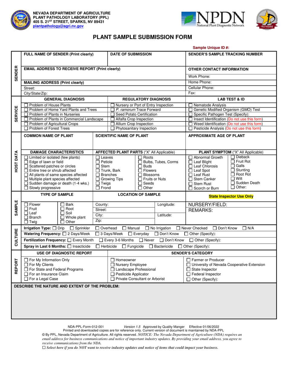 Form 012-001 Download Printable PDF or Fill Online Plant Sample ...