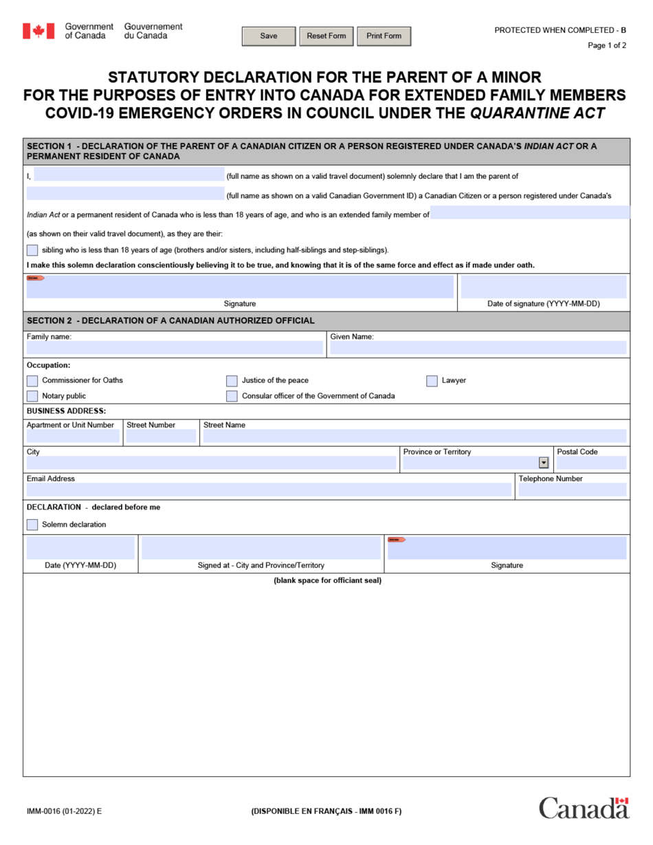Form IMM0016 Download Fillable PDF Statutory Declaration for the Parent ...