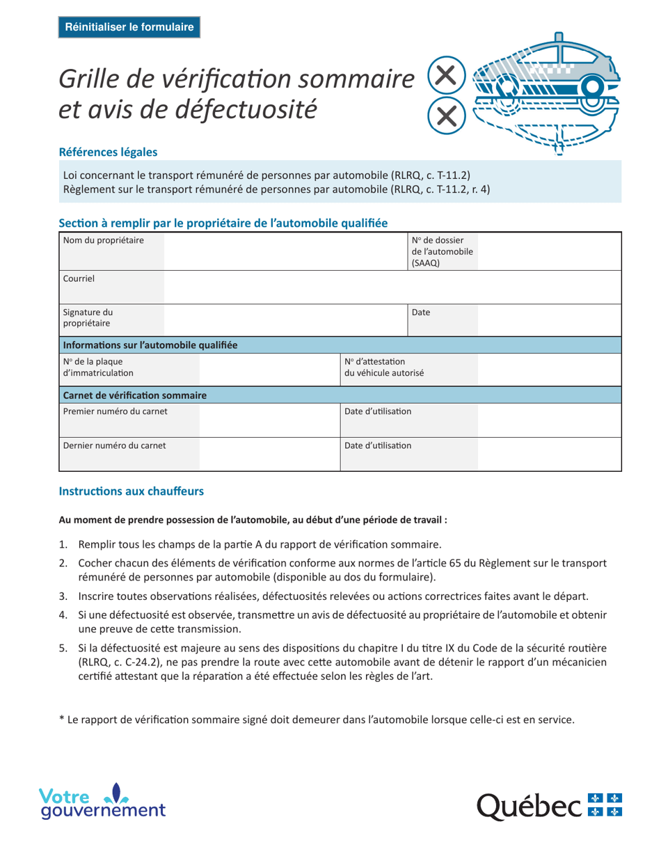 Quebec Canada Grille De Verification Sommaire Et Avis De Defectuosite ...