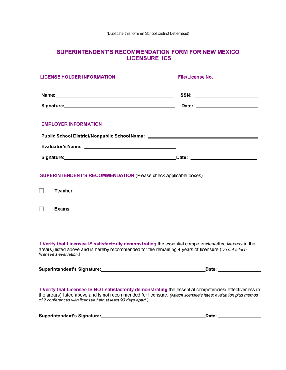 New Mexico Superintendent's Recommendation Form for New Mexico ...