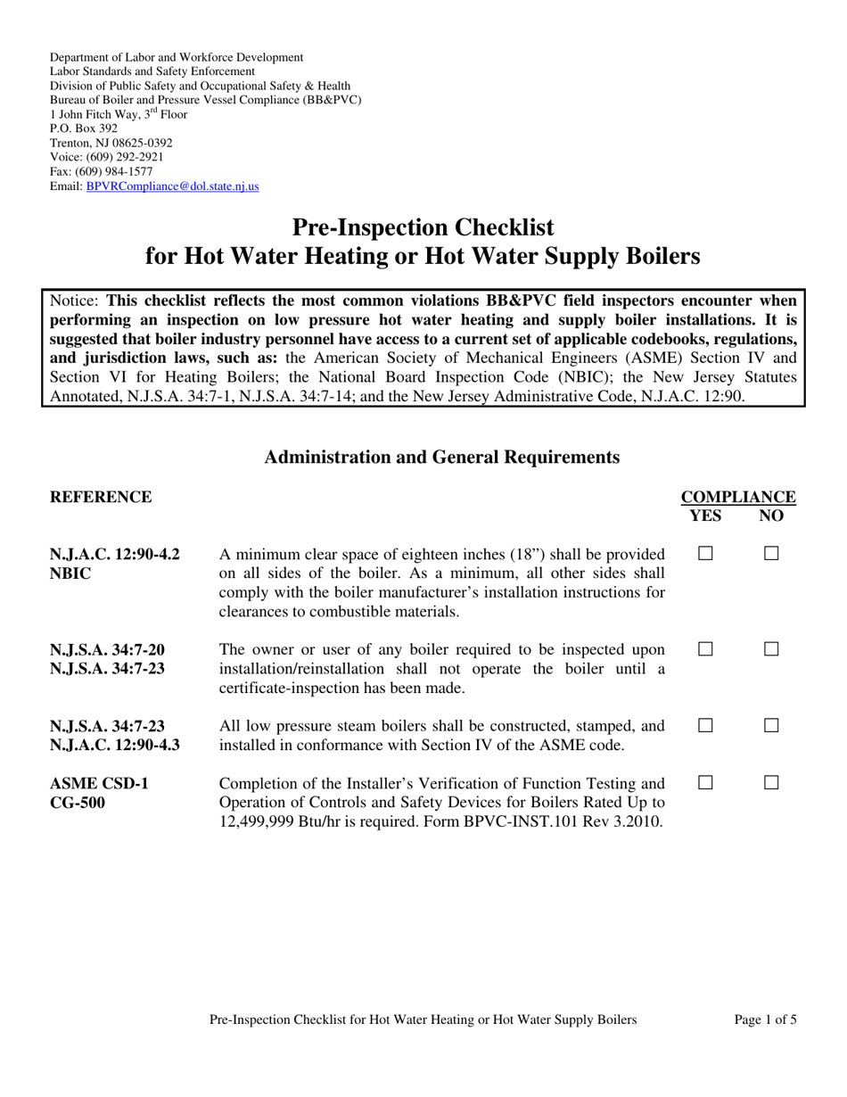 New Jersey Pre-inspection Checklist for Hot Water Heating or Hot Water ...