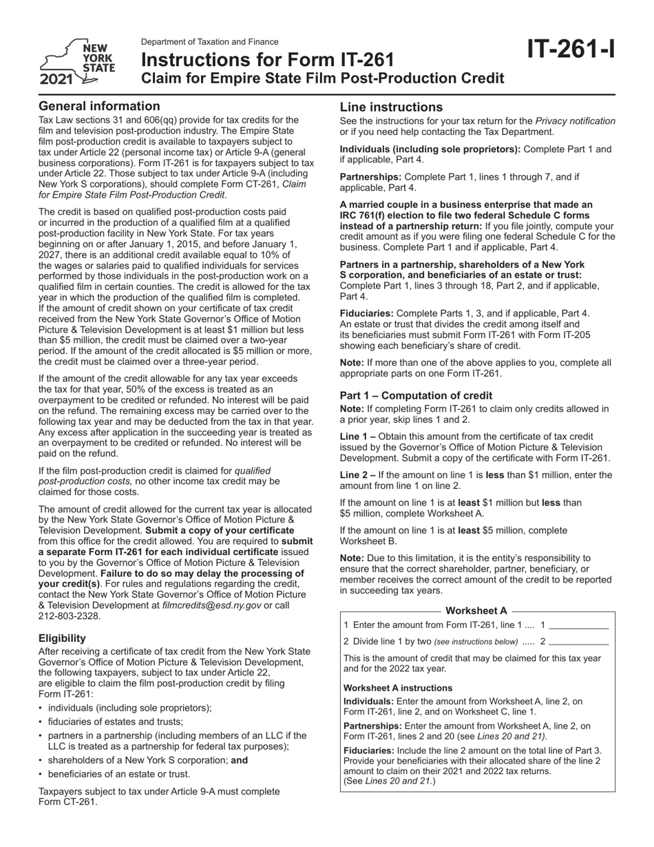 Download Instructions for Form IT-261 Claim for Empire State Film Post ...
