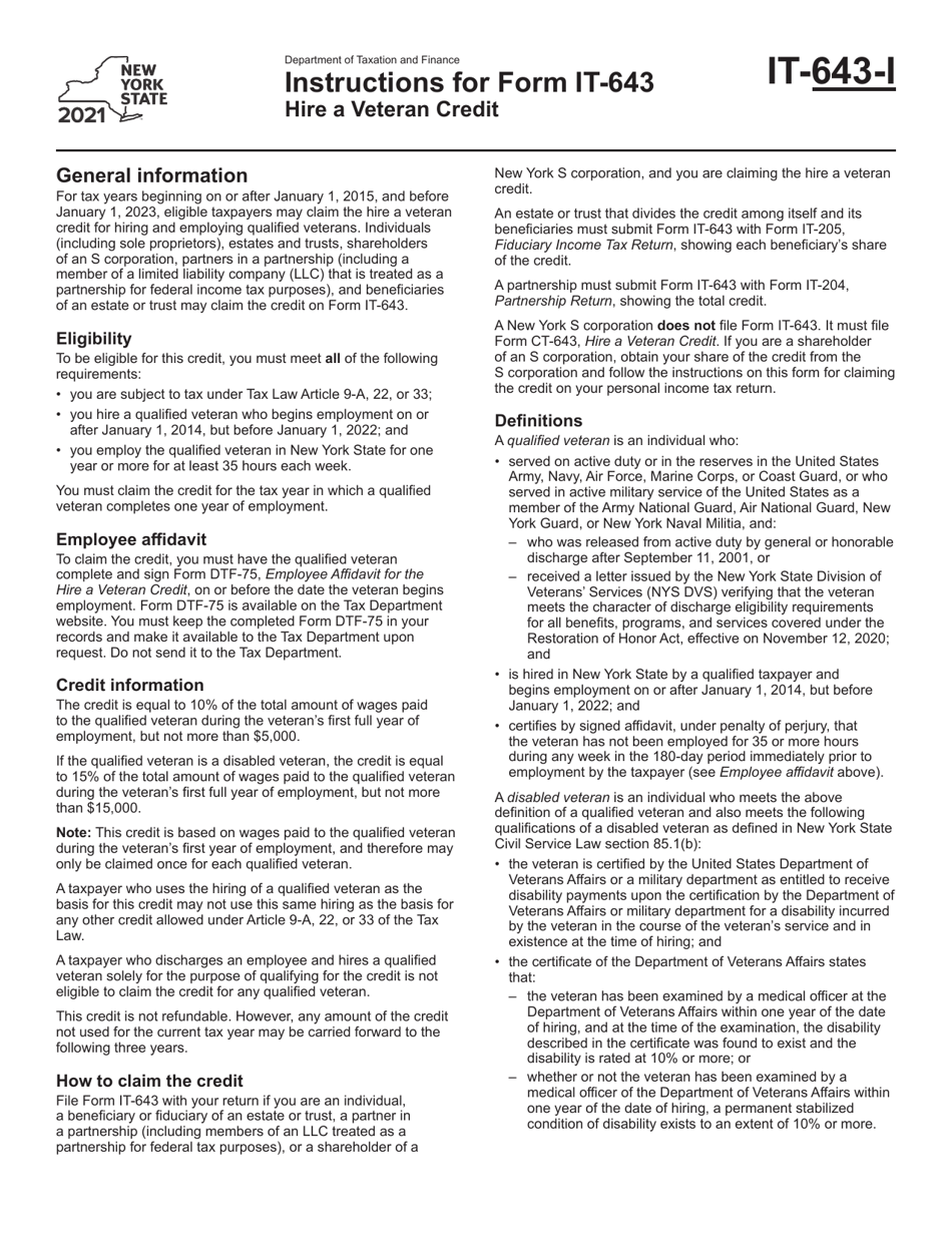 Download Instructions for Form IT-643 Hire a Veteran Credit PDF, 2021 ...