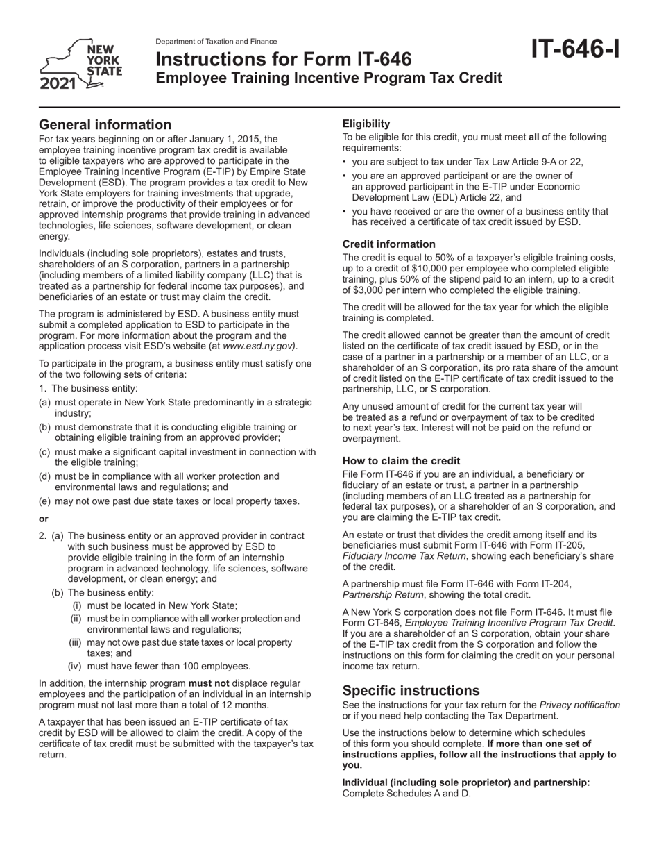 Download Instructions for Form IT-646 Employee Training Incentive ...