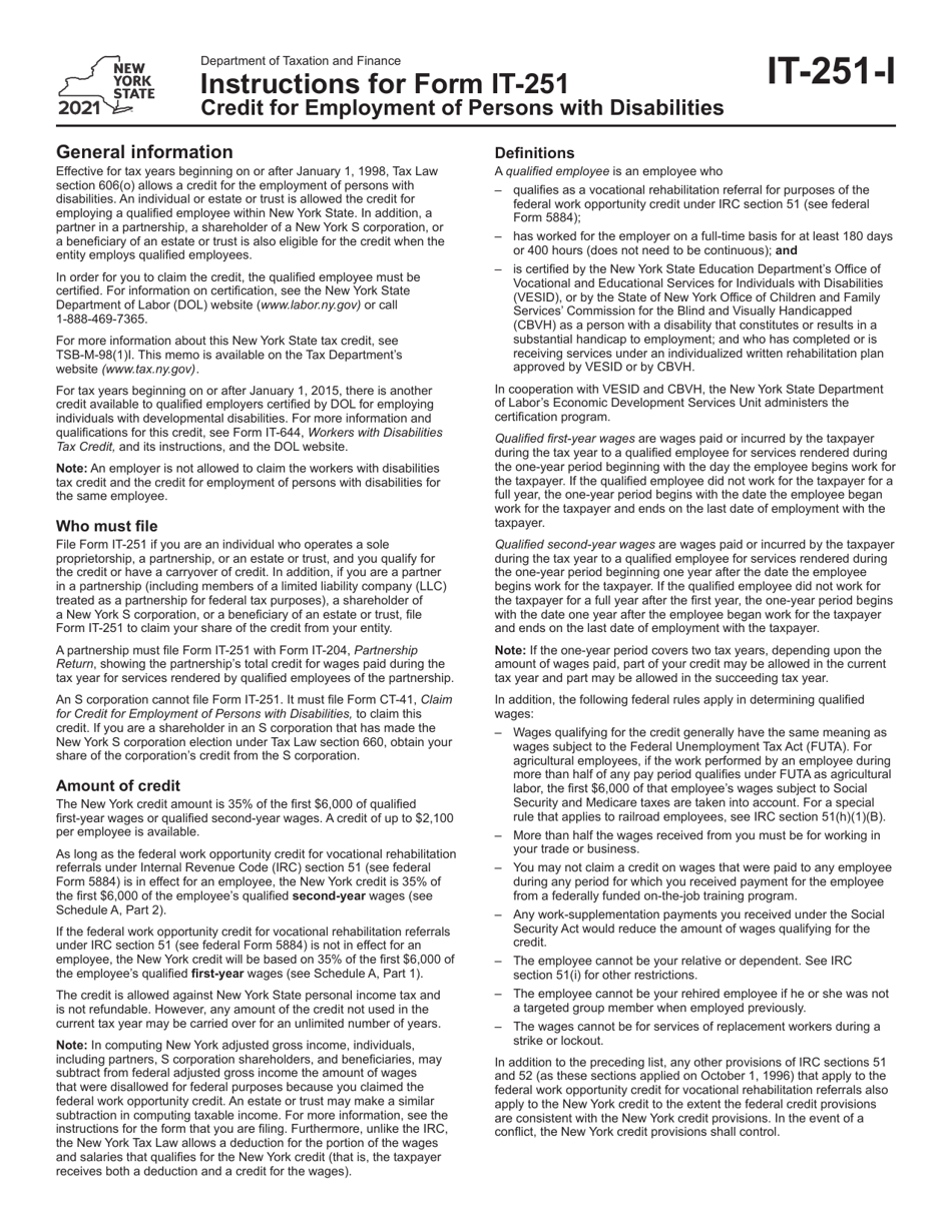 Download Instructions for Form IT-251 Credit for Employment of Persons ...