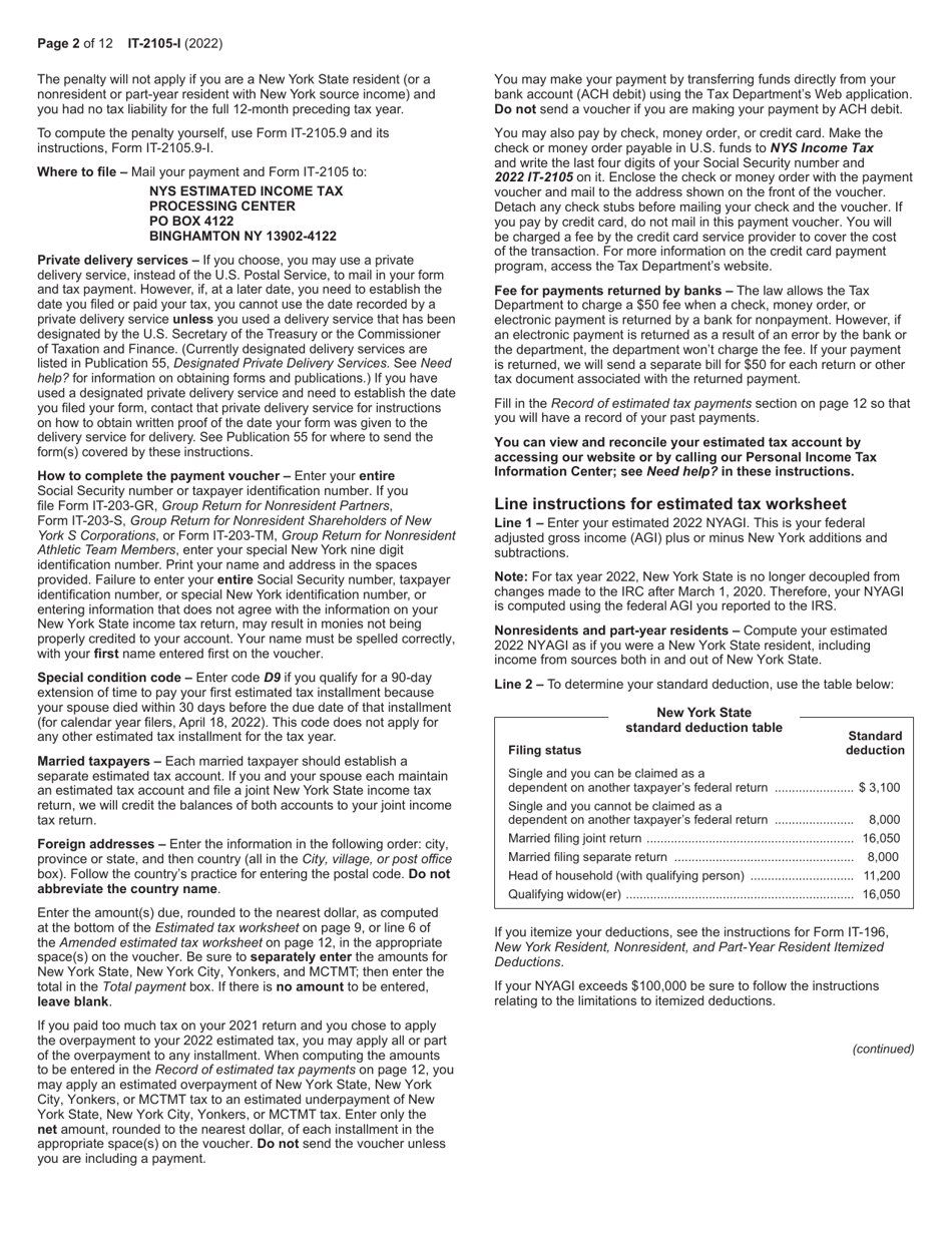 Download Instructions for Form IT-2105 Estimated Tax Payment Voucher for Individuals PDF, 2022 ...
