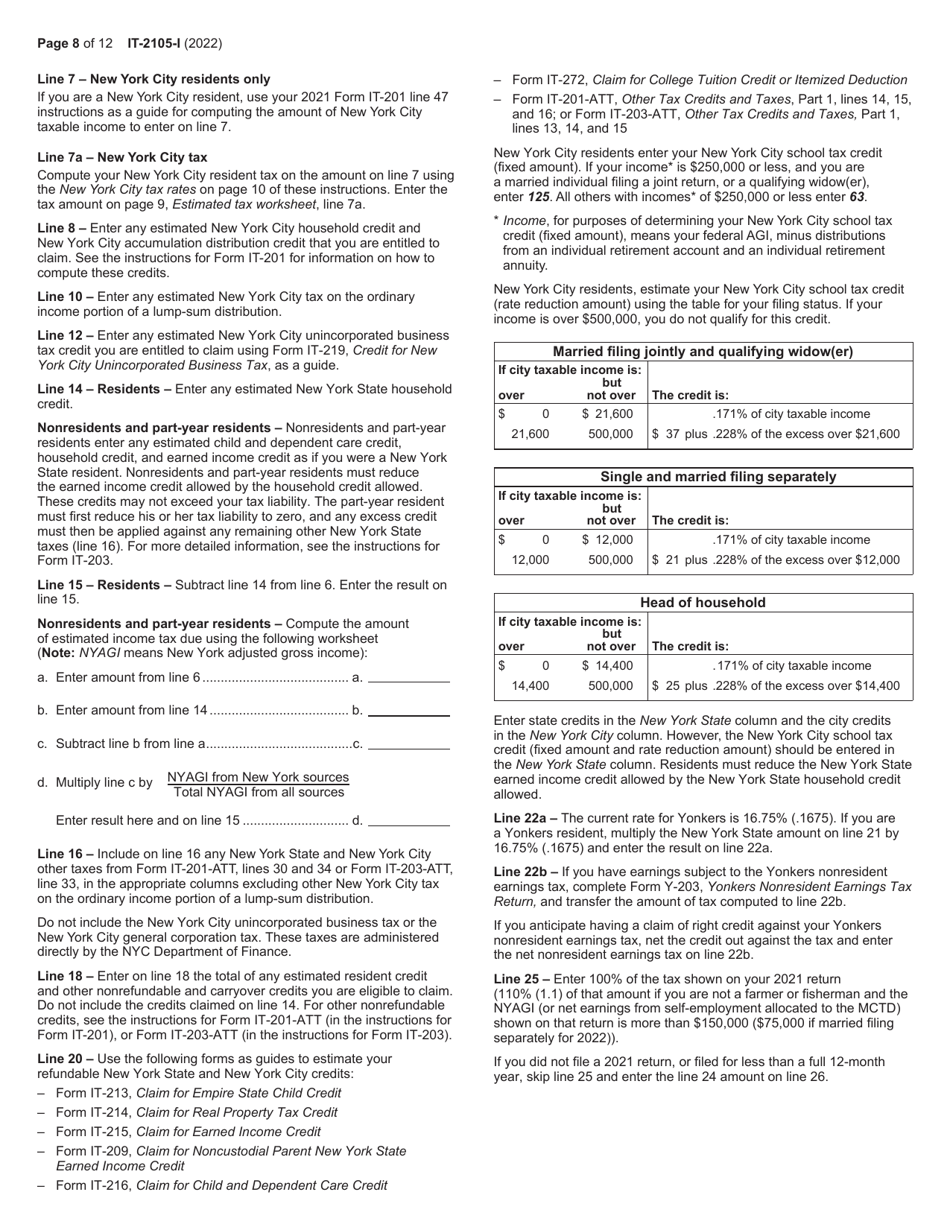 Download Instructions for Form IT-2105 Estimated Tax Payment Voucher for Individuals PDF, 2022 ...
