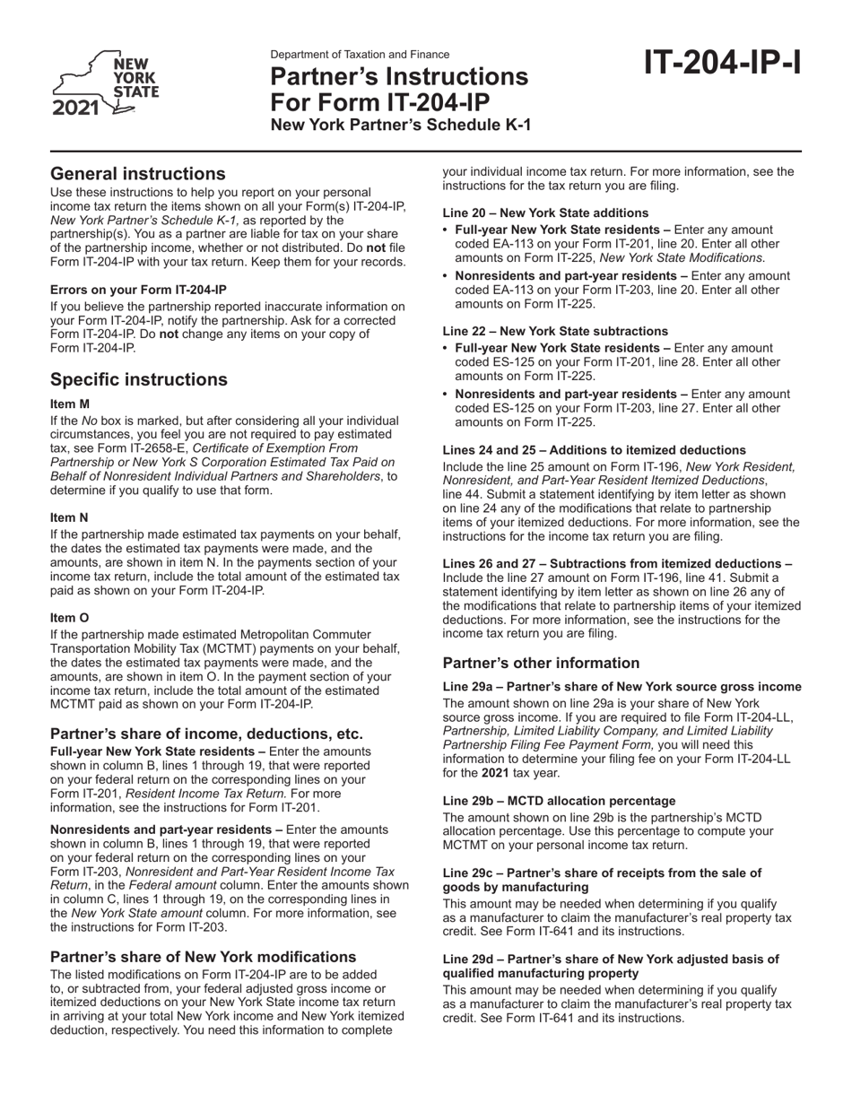 Download Instructions for Form IP-204-IP Schedule K-1 New York Partner ...