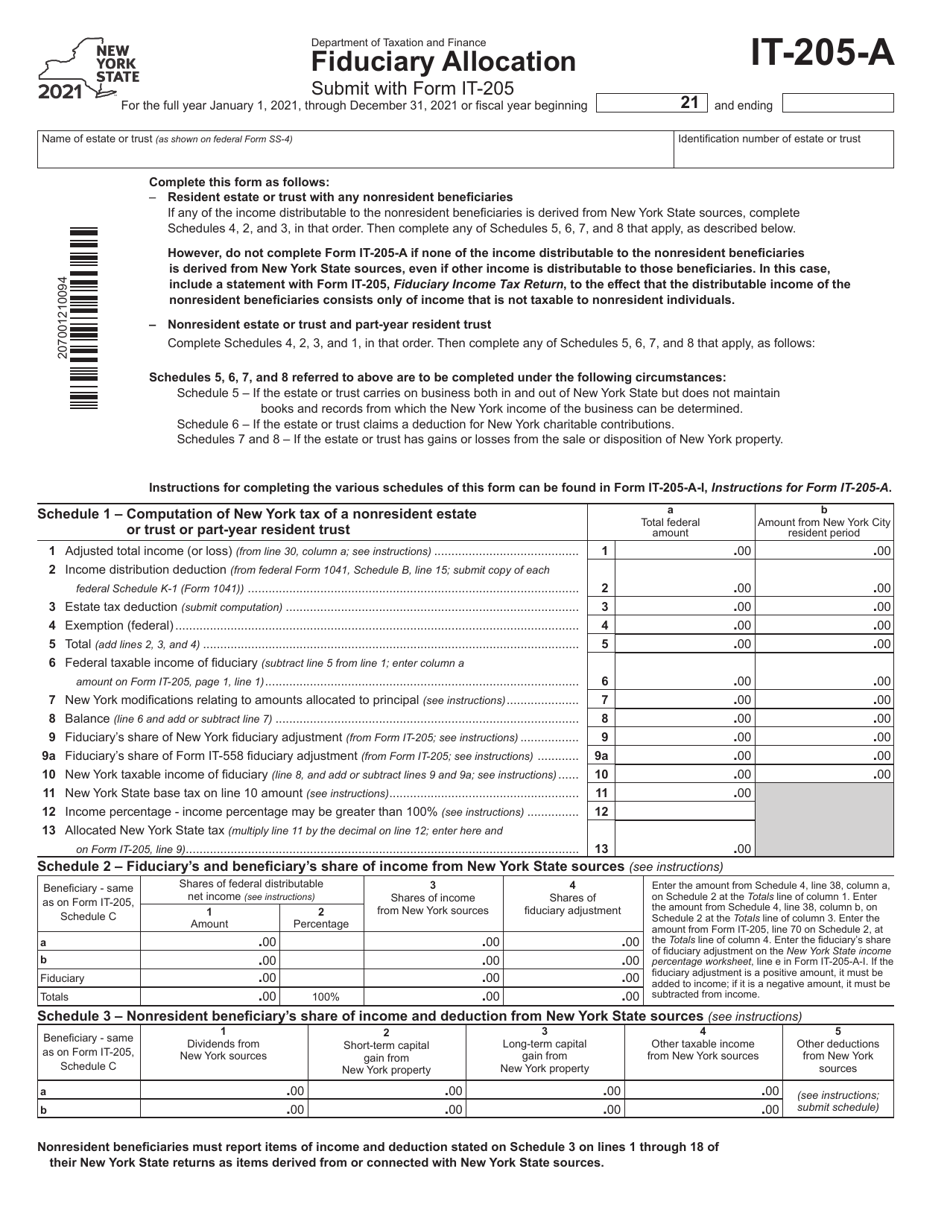 Form IT-205-A - 2021 - Fill Out, Sign Online and Download Fillable PDF ...