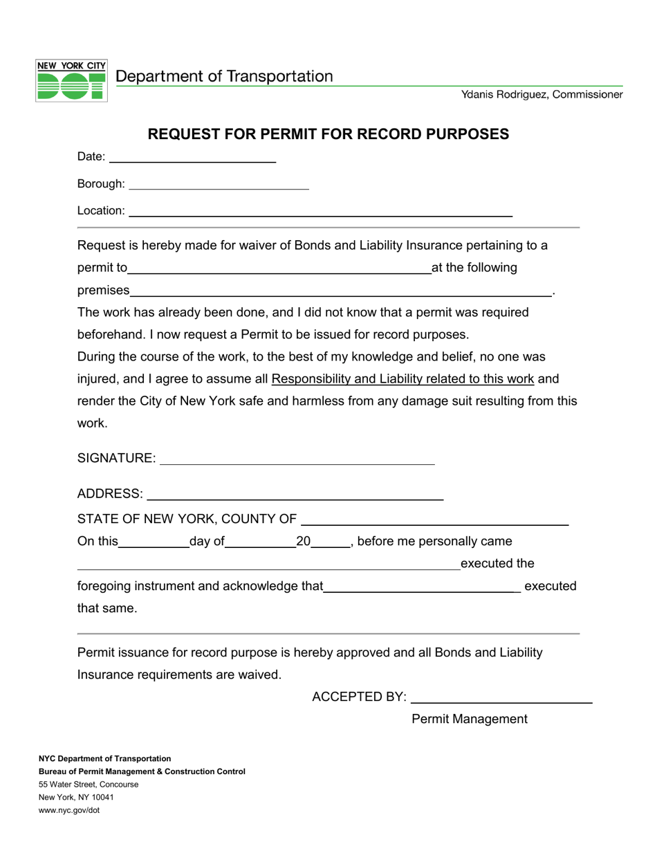New York City Request for Permit for Record Purposes - Fill Out, Sign ...