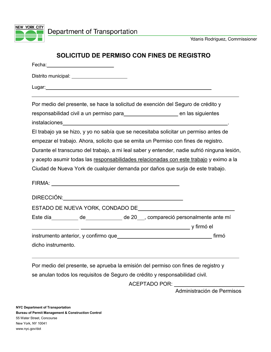 New York City Solicitud De Permiso Con Fines De Registro (Spanish ...
