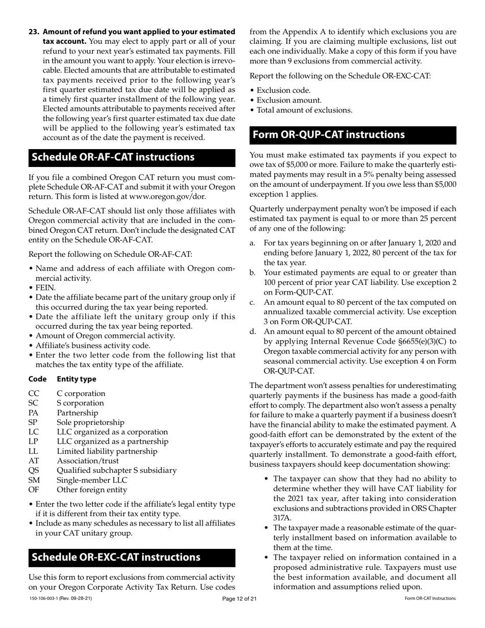 Download Instructions for Form OR-CAT, 150-106-003 Oregon Corporate ...