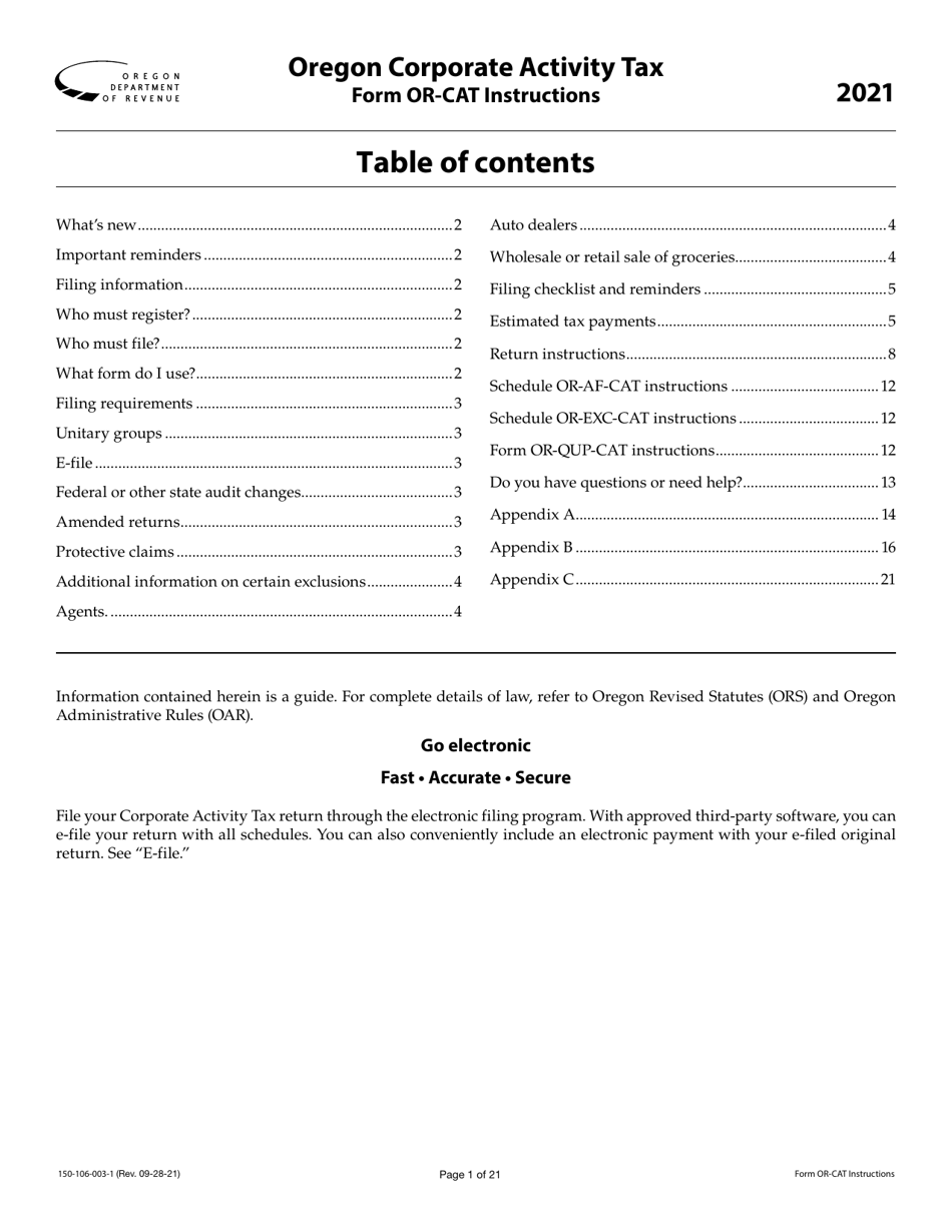 Download Instructions for Form OR-CAT, 150-106-003 Oregon Corporate ...