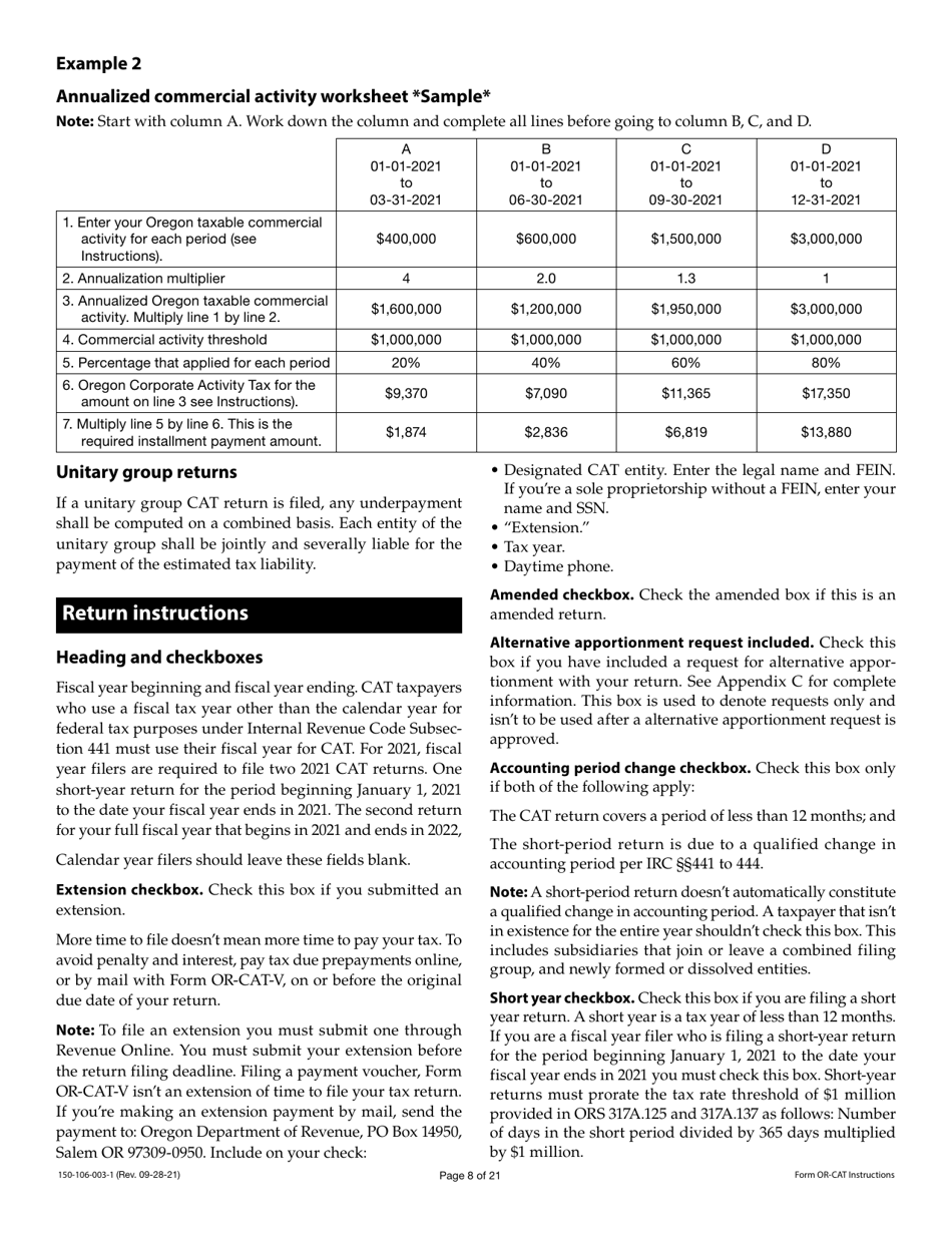 Download Instructions for Form OR-CAT, 150-106-003 Oregon Corporate ...