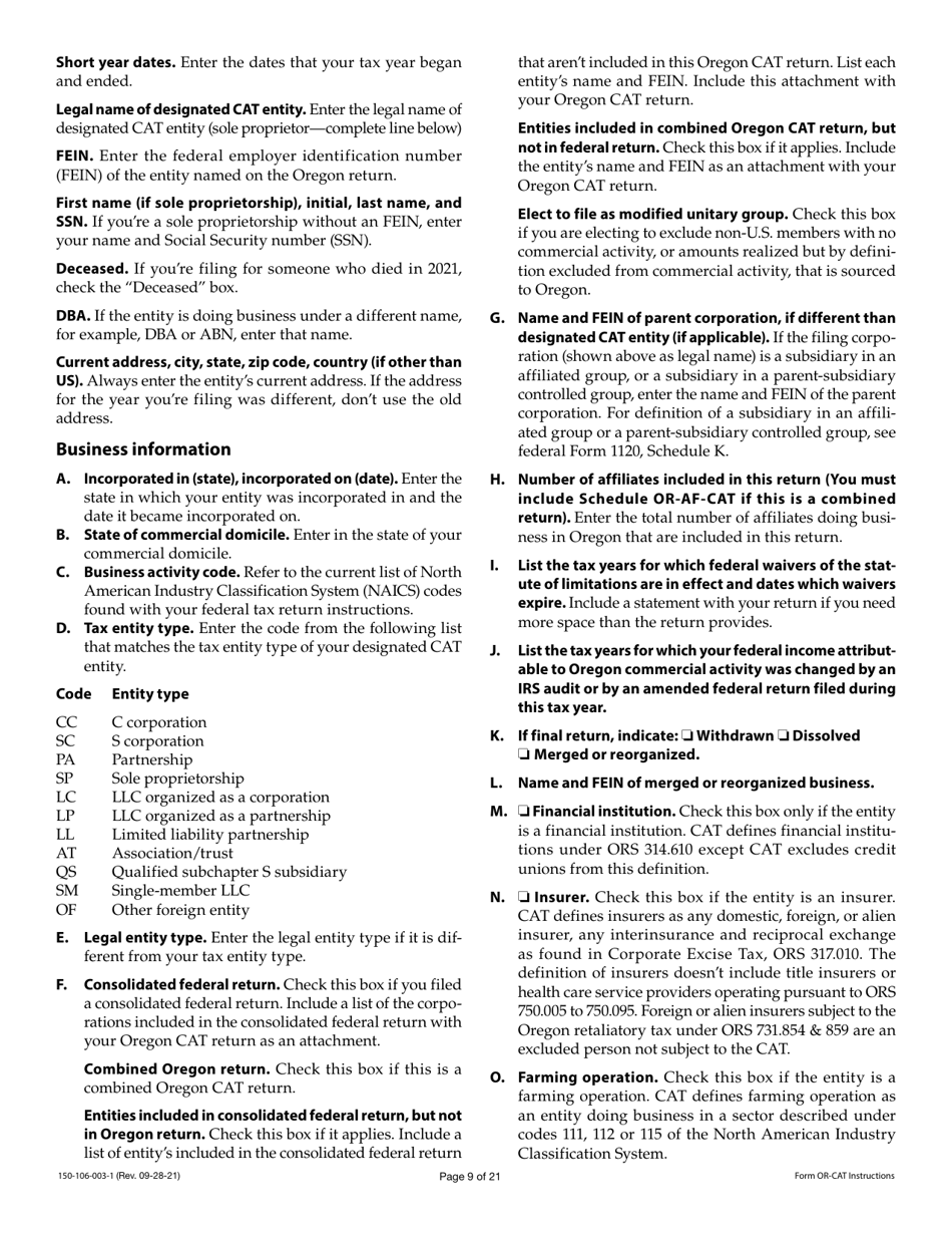 Download Instructions for Form OR-CAT, 150-106-003 Oregon Corporate ...
