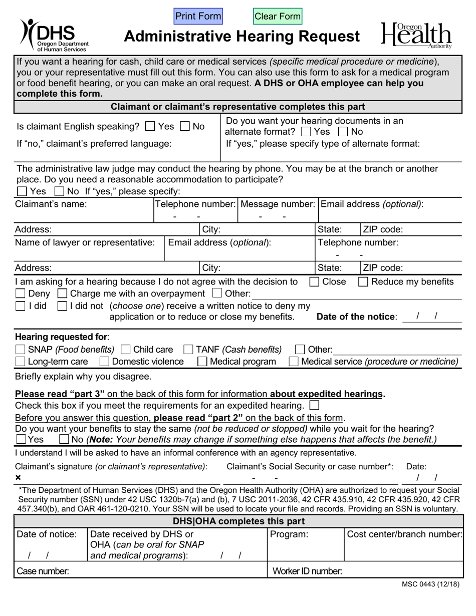 Form MSC0443 - Fill Out, Sign Online and Download Fillable PDF, Oregon ...