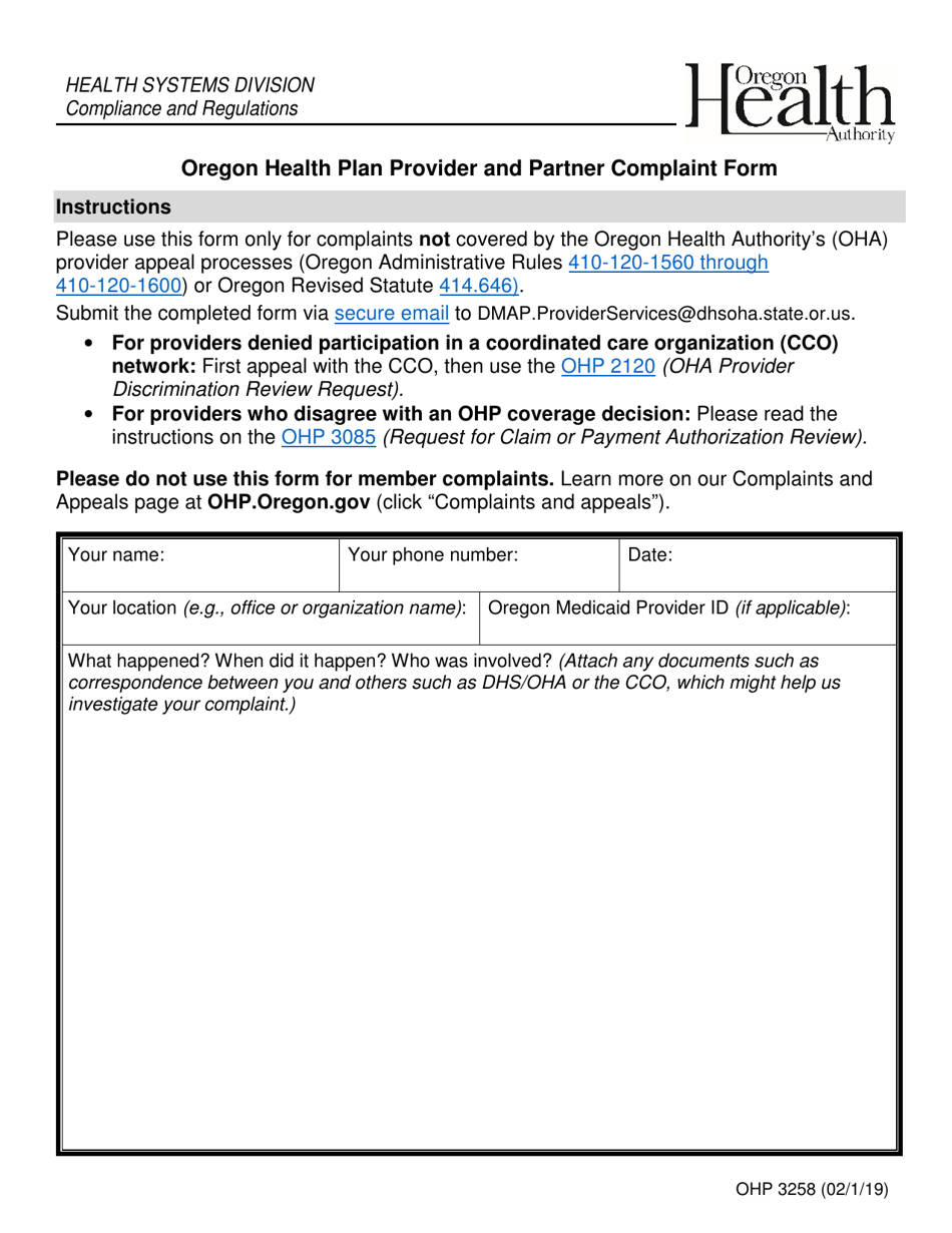Form OHP3258 - Fill Out, Sign Online and Download Printable PDF, Oregon ...