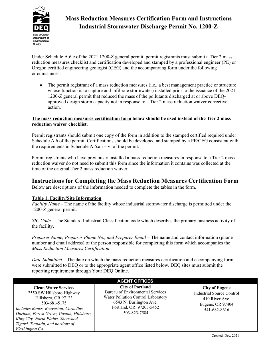 Oregon 1200-z Industrial Stormwater General Permit: Mass Reduction ...