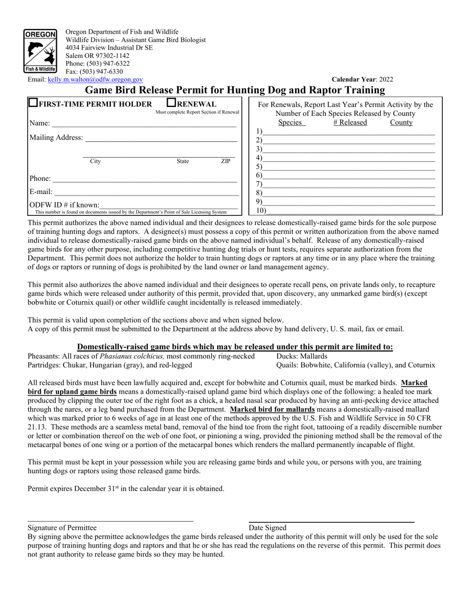 2022 Oregon Game Bird Release Permit for Hunting Dog and Raptor ...