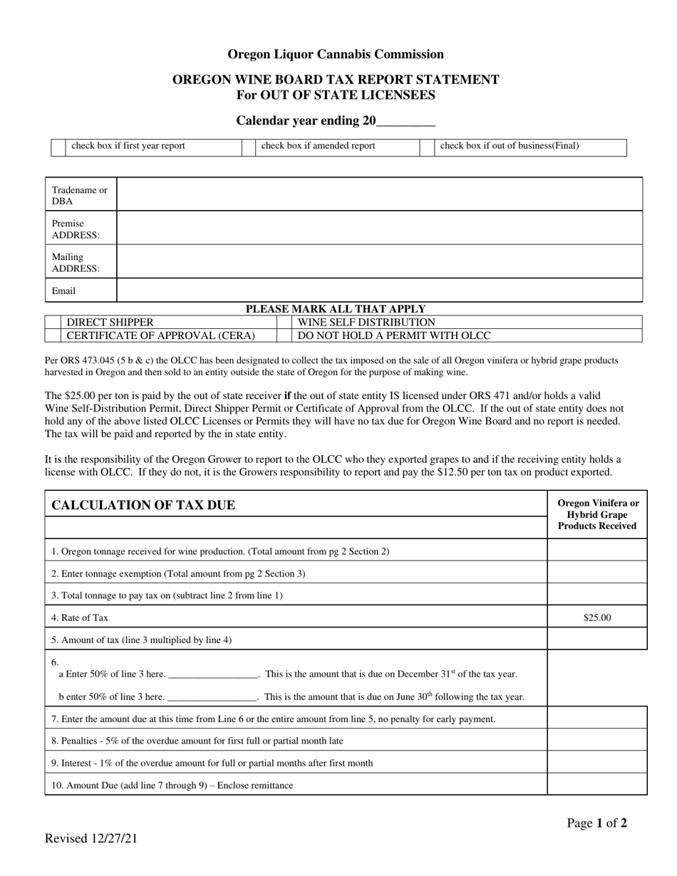 Oregon Oregon Wine Board Tax Report Statement for out of State Licensees - Fill Out, Sign Online ...