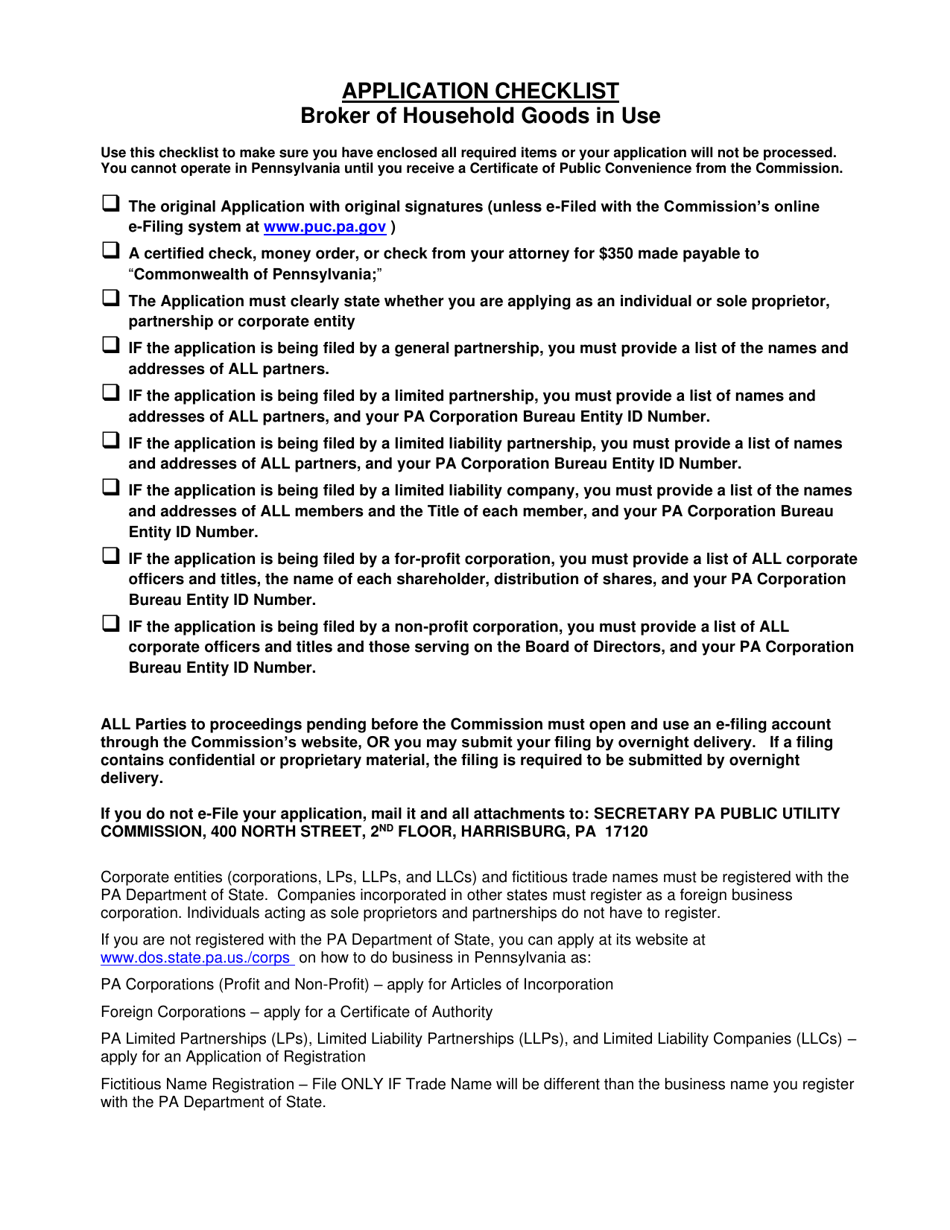 Pennsylvania Application for Broker of Household Goods in Use - Fill ...