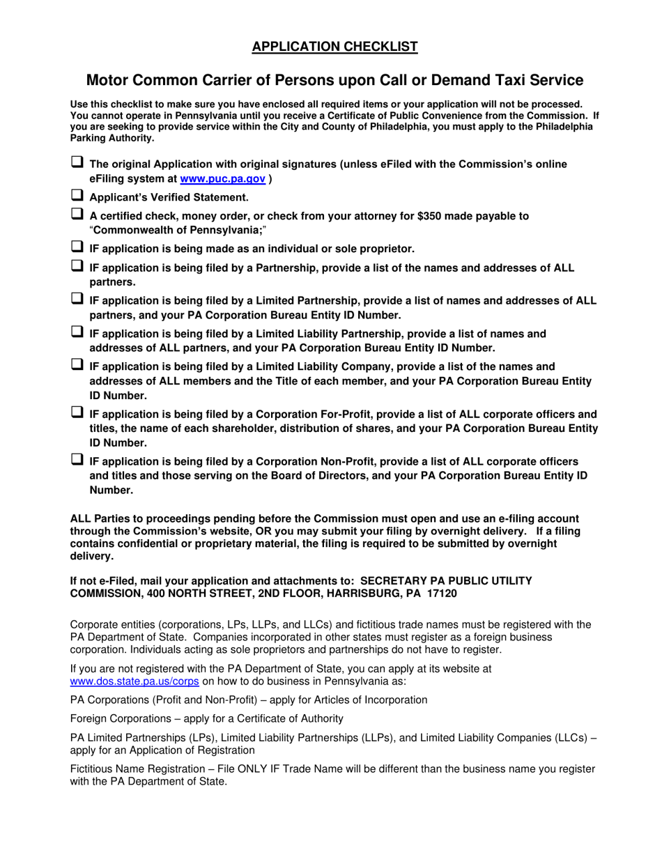 Pennsylvania Application for Motor Common Carrier of Persons Upon Call ...